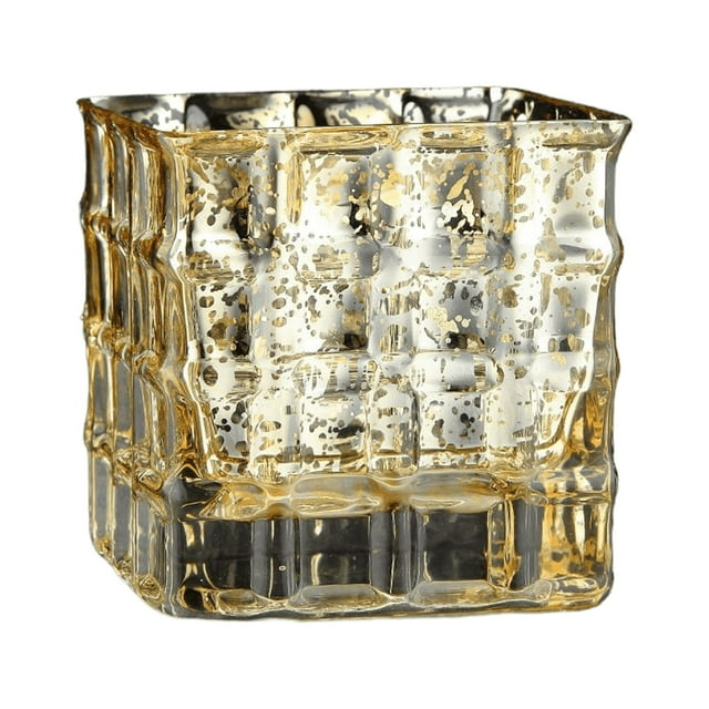 CC Home Furnishings 4" Gold Square Glass Block Tea Light Candle Holder ...