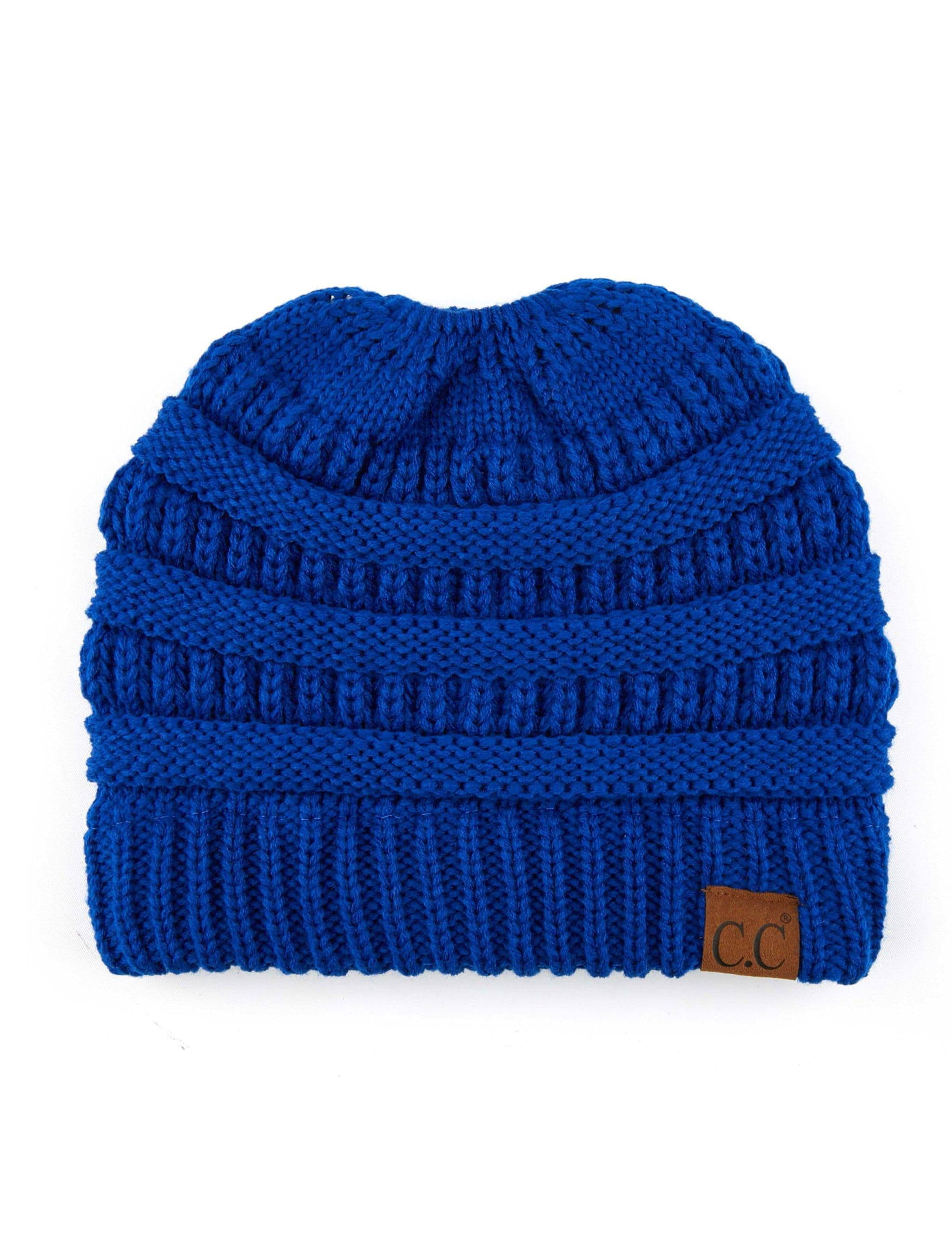 C.C Messy Bun Ponytail Beanie Cable Knit Hat with High Bun Slot, Royal ...
