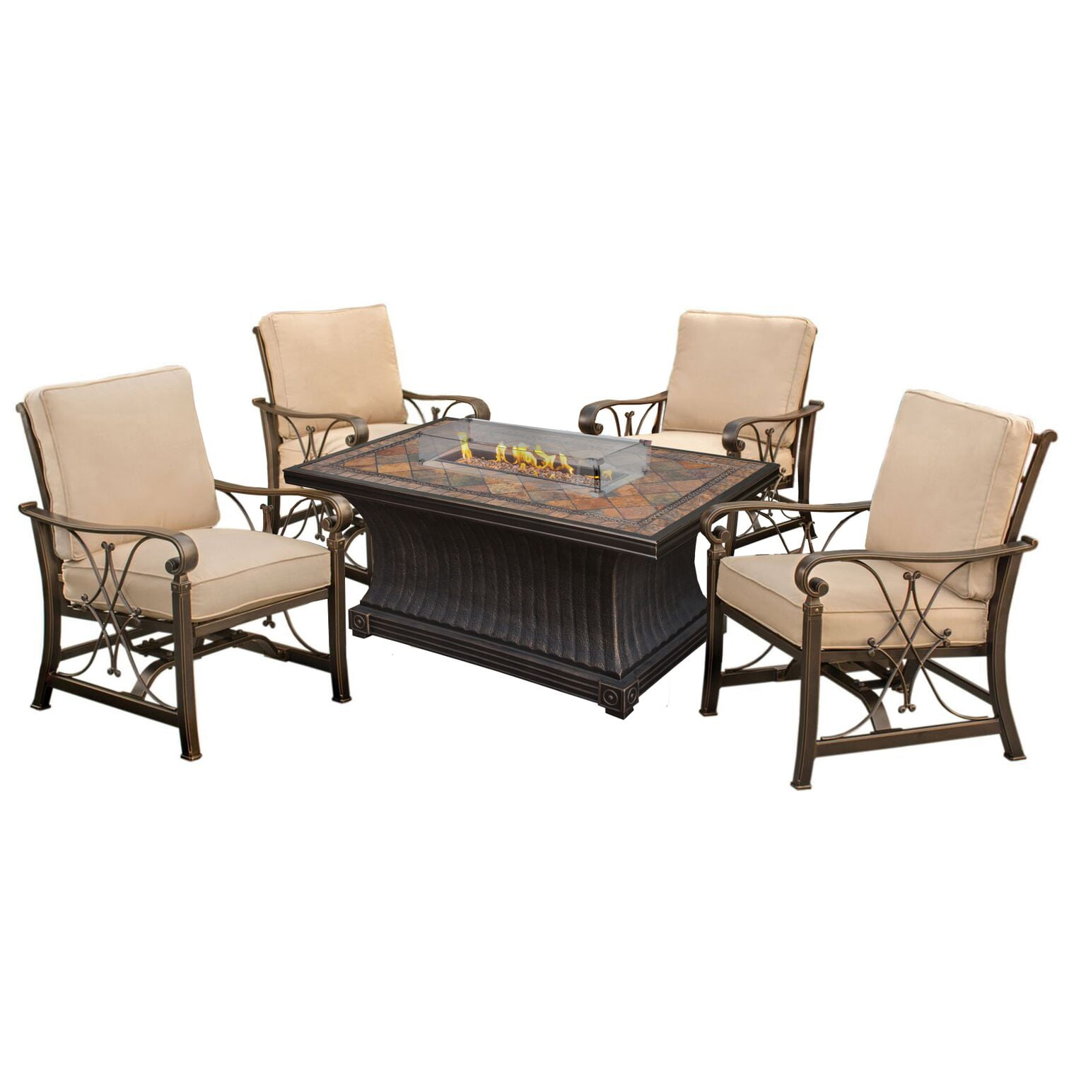 CC Outdoor Living 5-Piece Stone Rectangular Gas Fire Pit Set w/ Cream ...