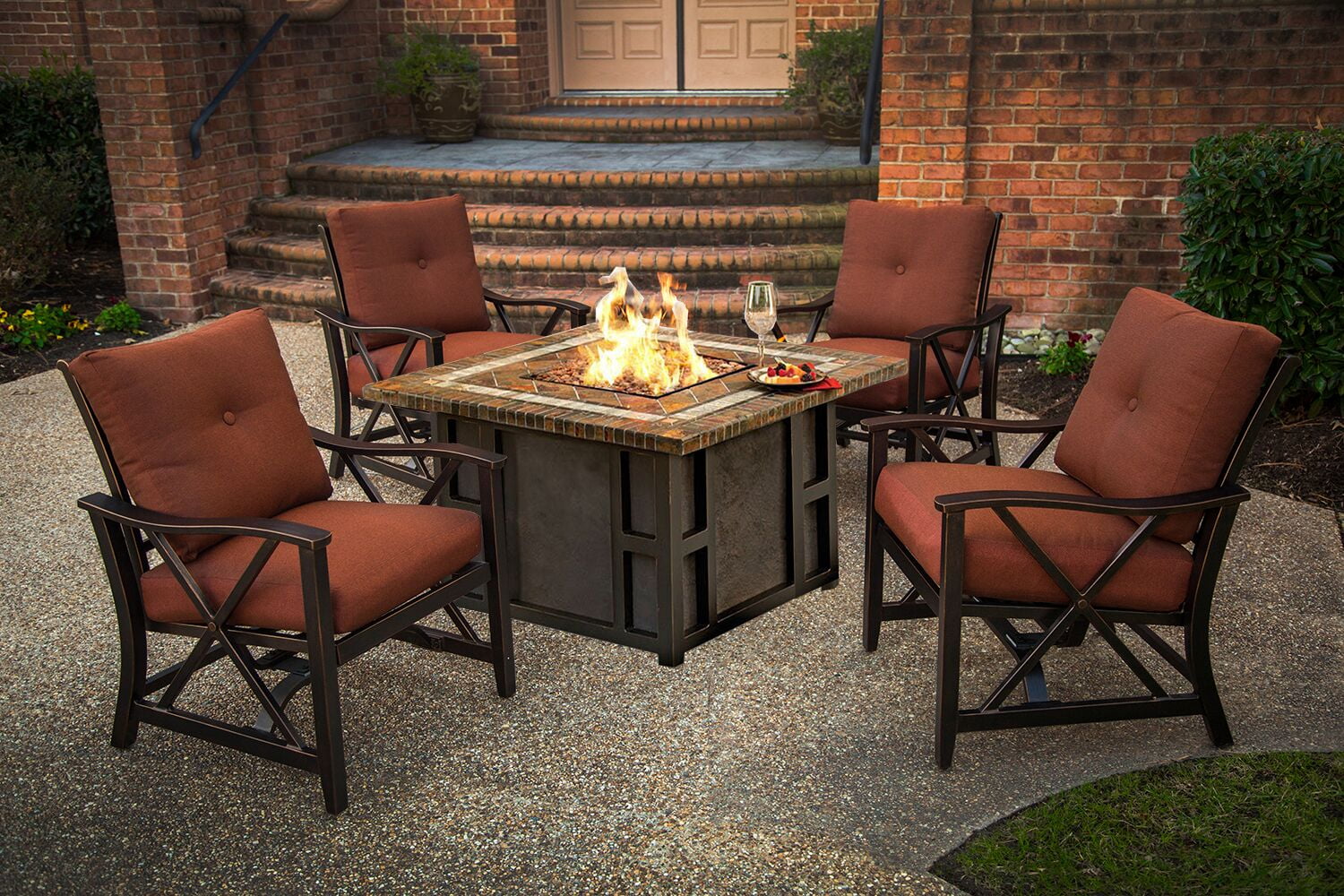 CC Outdoor Living 5-Piece Stone Square Gas Fire Pit Table Set w/ Red ...
