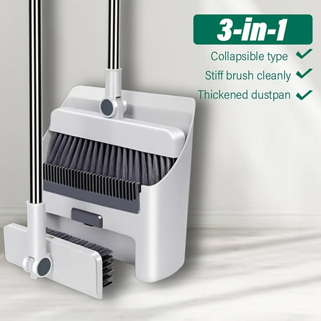 CCAGU Upgrade 3in1 Broom and Dustpan Set, Large Size and with Long Handle, Upright,Ideal for ...