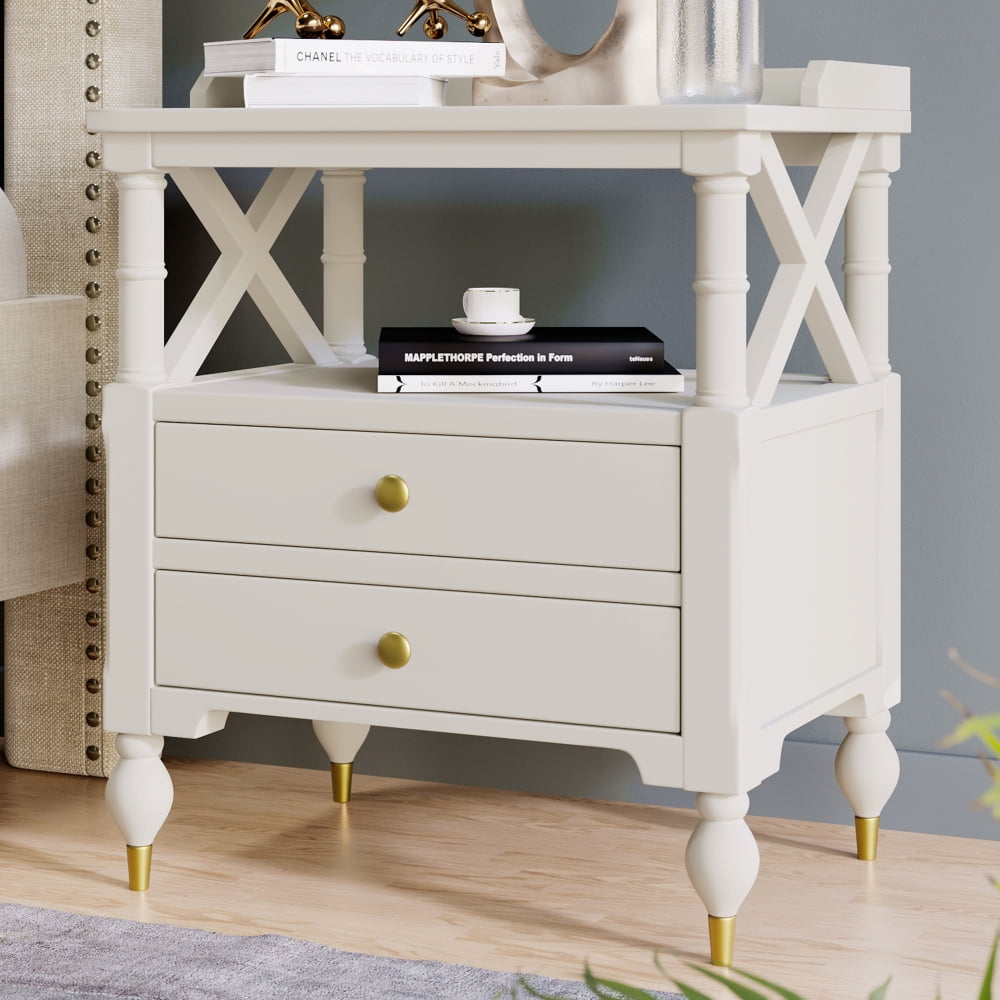 CCBUY 2-Drawer White and Gold Nightstand, Bedside Table Night Stands ...
