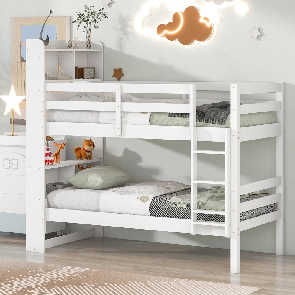 CCBUY Twin Size Bunk Bed with Built-in Shelves Beside Both Upper, Twin ...