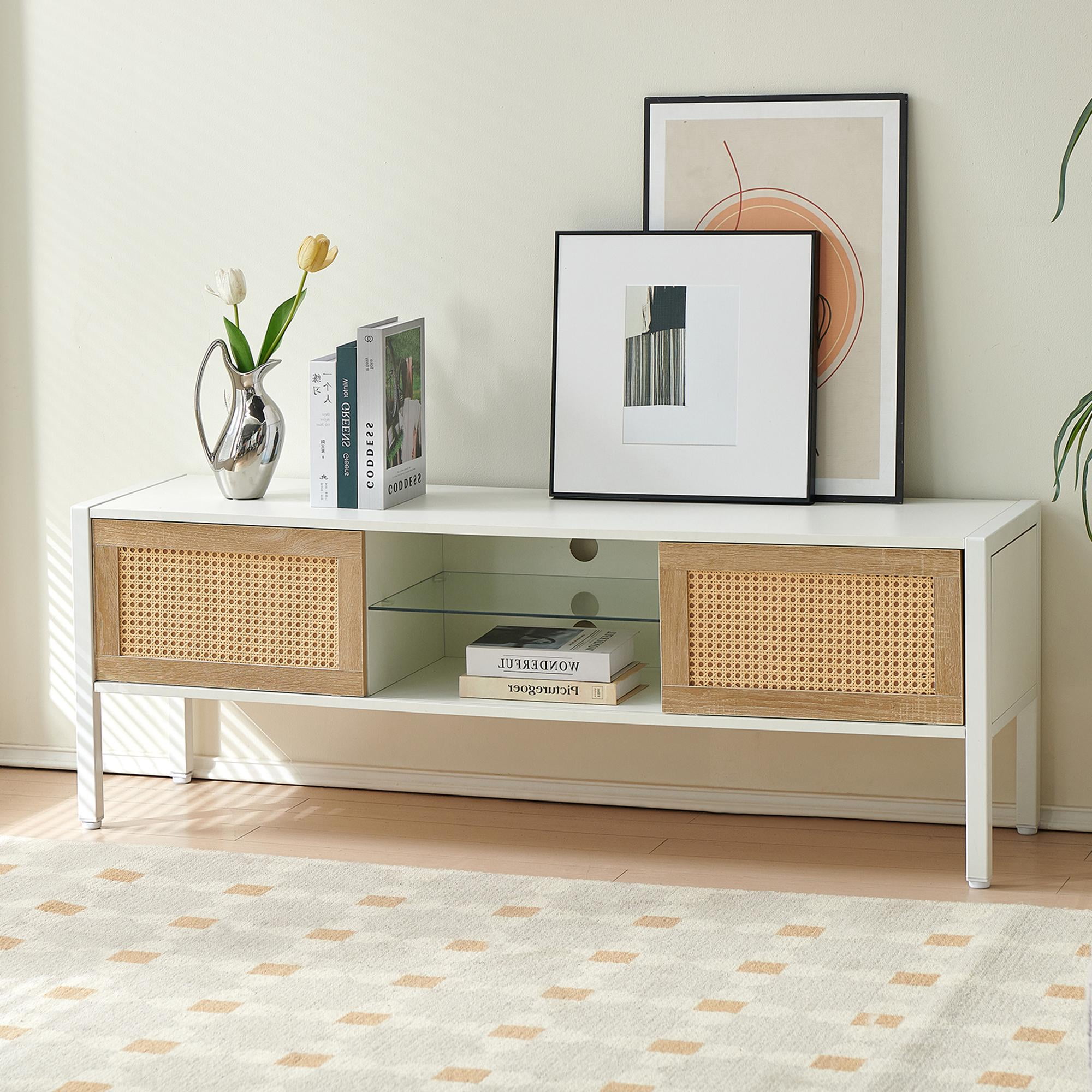 CCCCCAOLI Rattan TV Cabinet with Color Light Strip - Sliding Doors ...