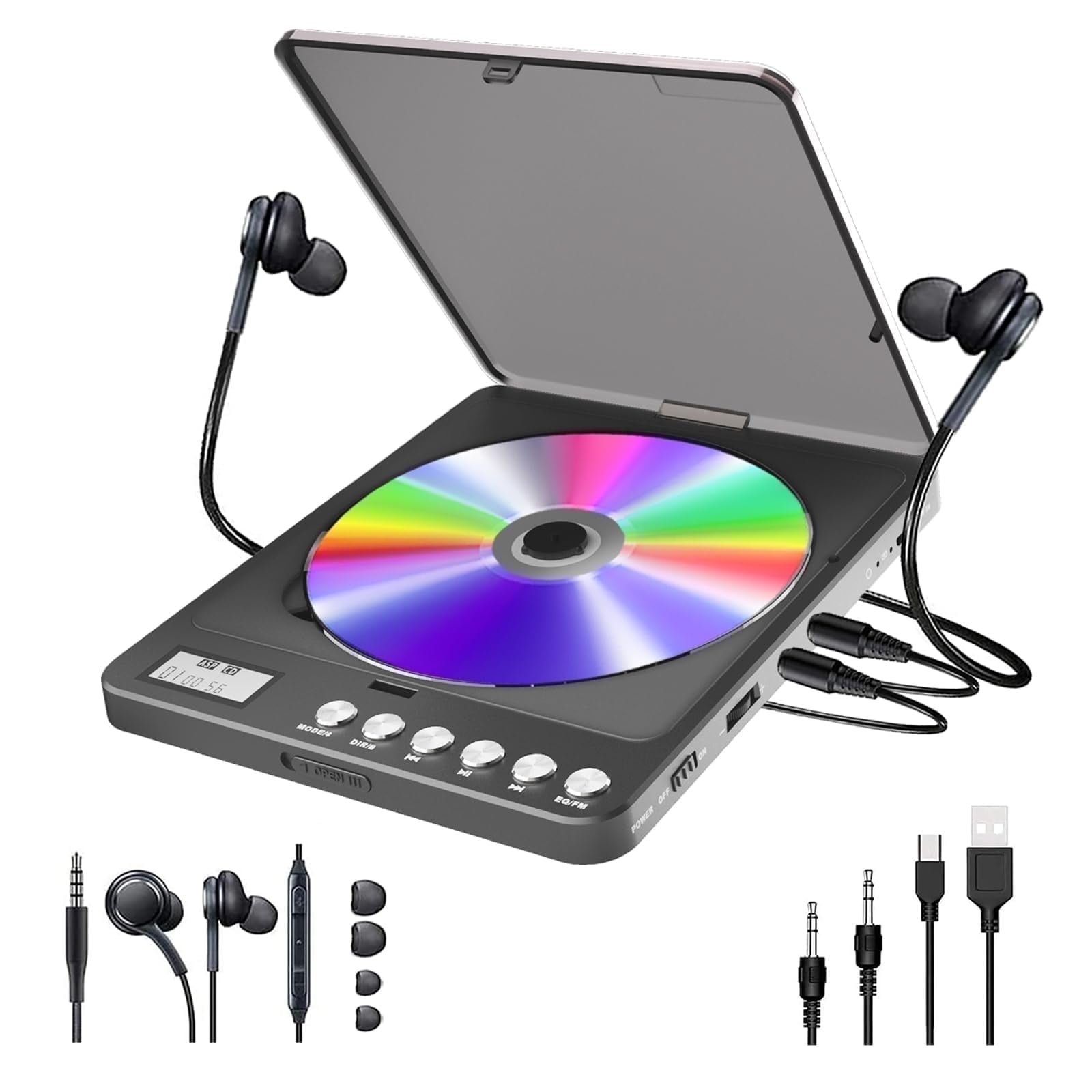 Bluetooth CD Player Portable, Dual Headphones Jack, Anti-Skip, 2000mAh ...