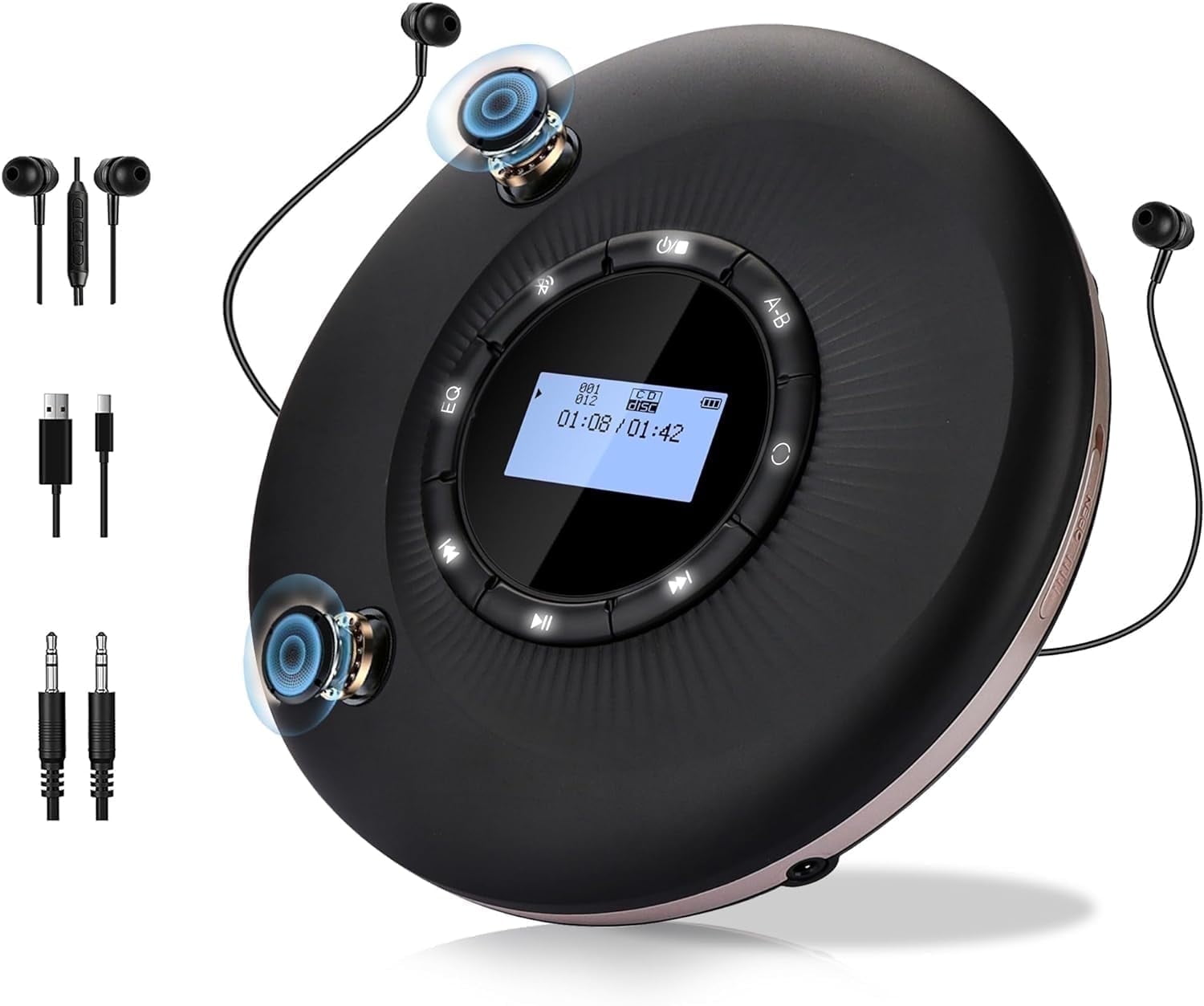 CCHKFEI Portable Bluetooth 1500mAh Rechargeable CD Player, Black ...