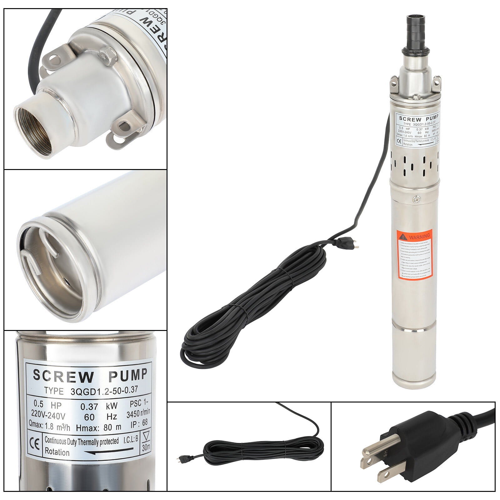 CCIYU 1.8m³/h Deep well screw pump 0.37kw Garden water pump 0 Borehole screw pump Stainless ...