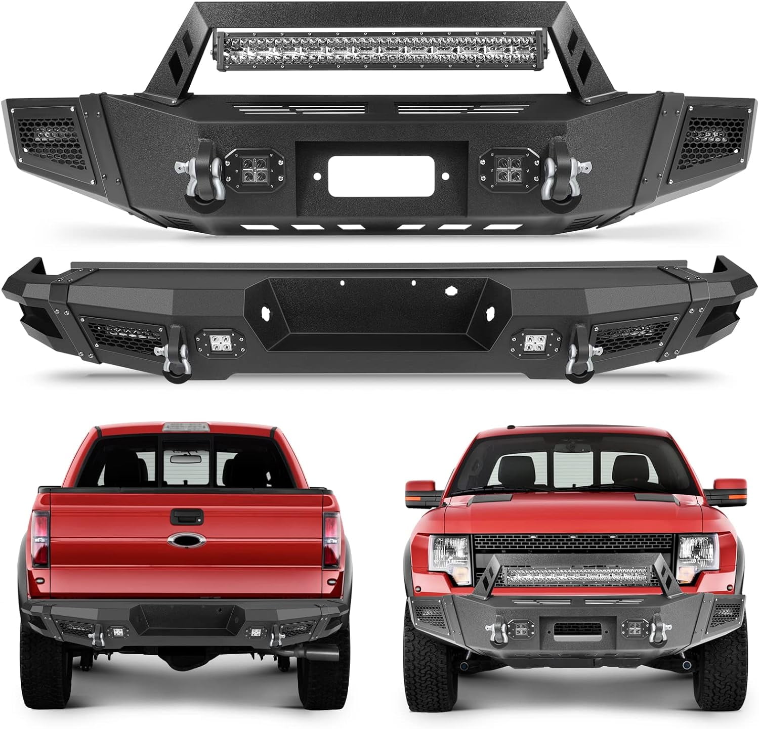 CCIYU Texture Black Front and Rear Bumper with D-ring & LED Lights ...