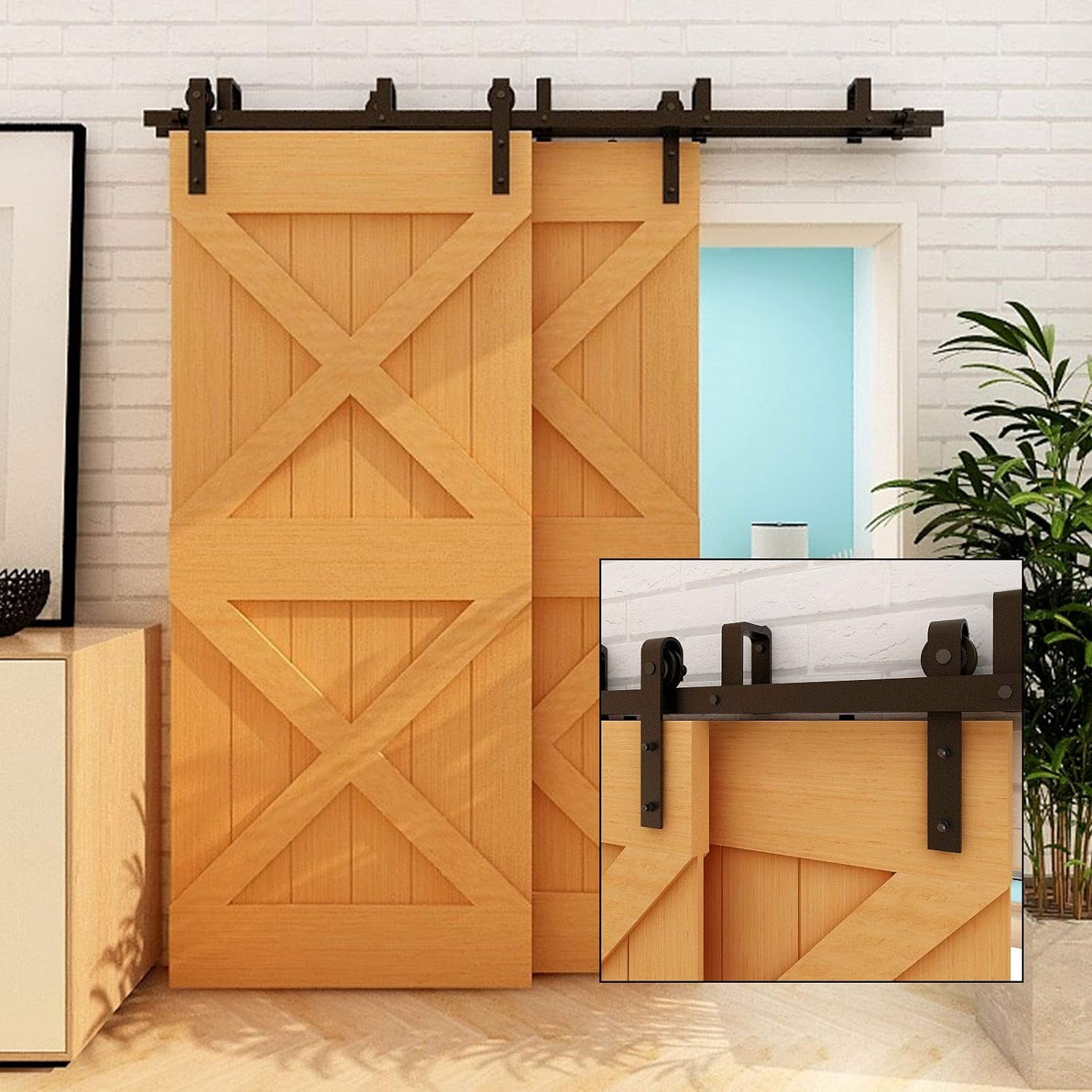 CCJH 16FT Bypass Sliding Barn Door Hardware Kit Double Track Low ...