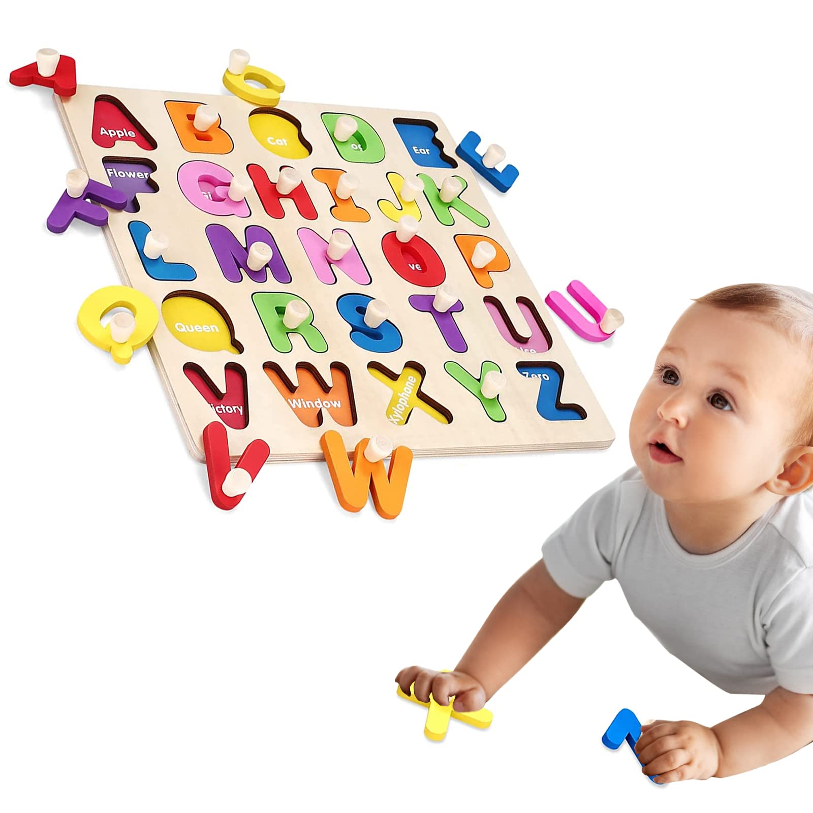 CCMTangHong Wooden Alphabet Puzzle OIF8 ABC ，Letter Puzzle with Button ...