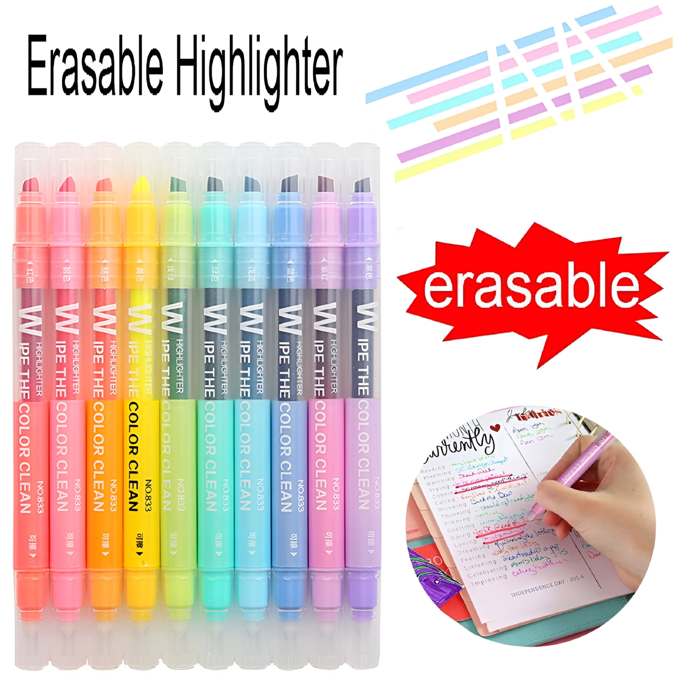 CCOCC 10 Colors Erasable Highlighters Assorted Colors, Wide and Fine ...