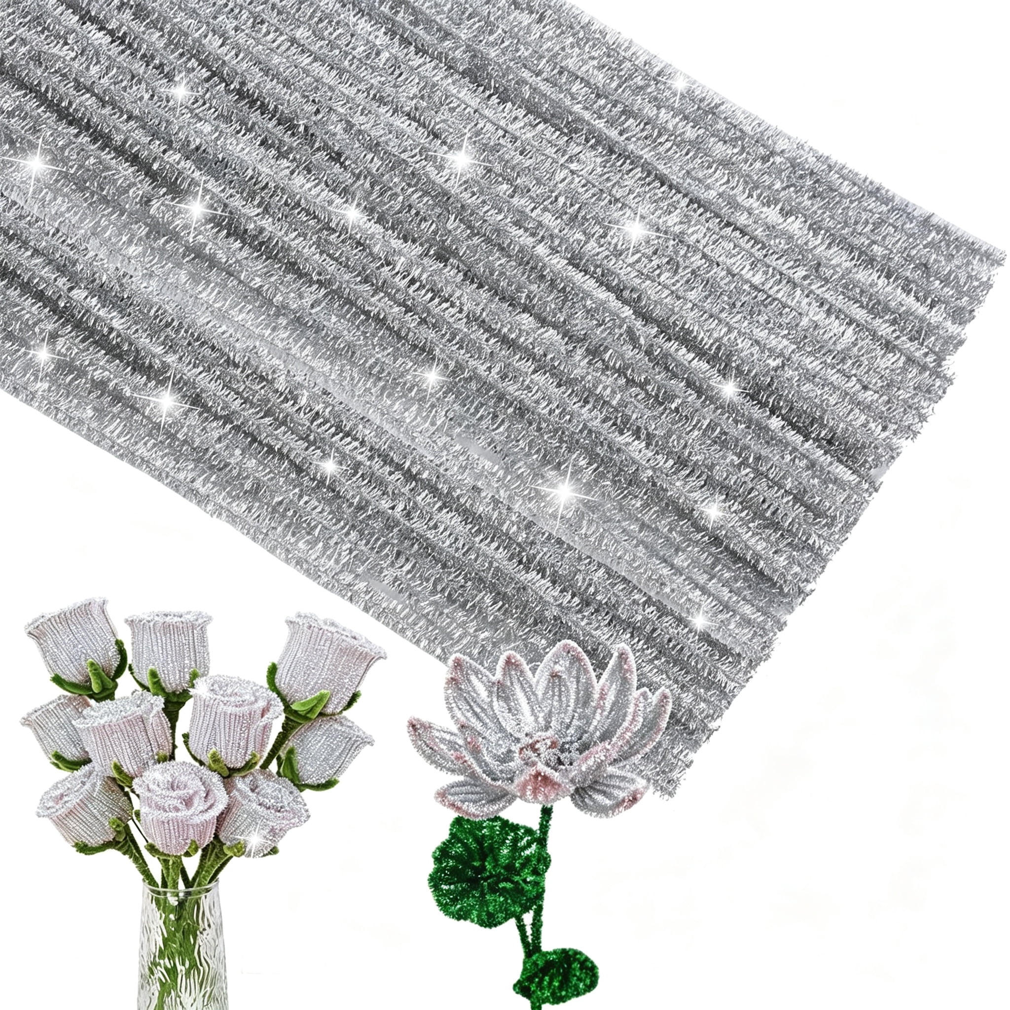 CCOCC 100 Pcs Pipe Cleaners, Glitter Silver Pipe Cleaner Craft Supplies ...