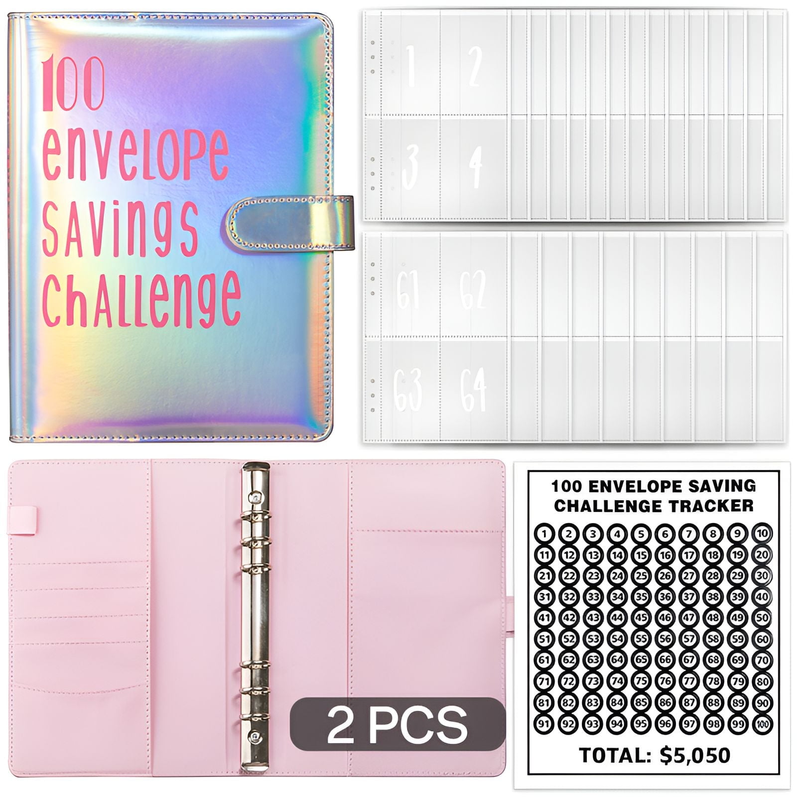 CCOCC 2Pcs 100 Day Savings Challenge Binder,Multitone Laser Gloss Cover Design Budget Binder ...