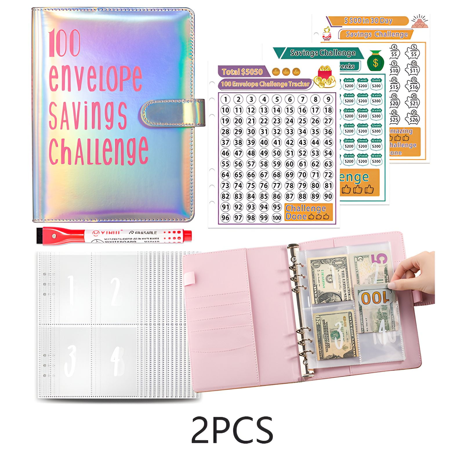 CCOCC 2Pcs 100 Day Savings Challenge Binder,Rainbow Laser Finish Outer ...