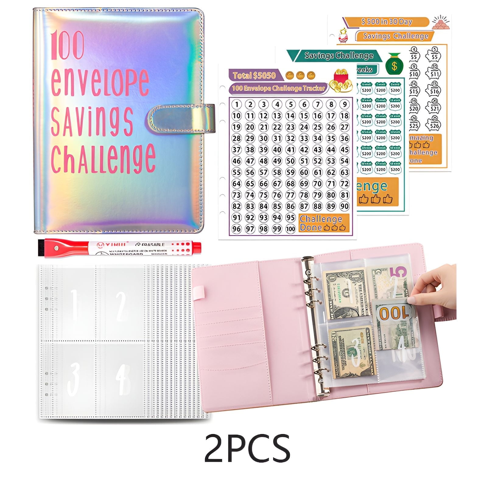 CCOCC 2Pcs 100 Day Savings Challenge Binder,Rainbow Laser Finish Outer ...