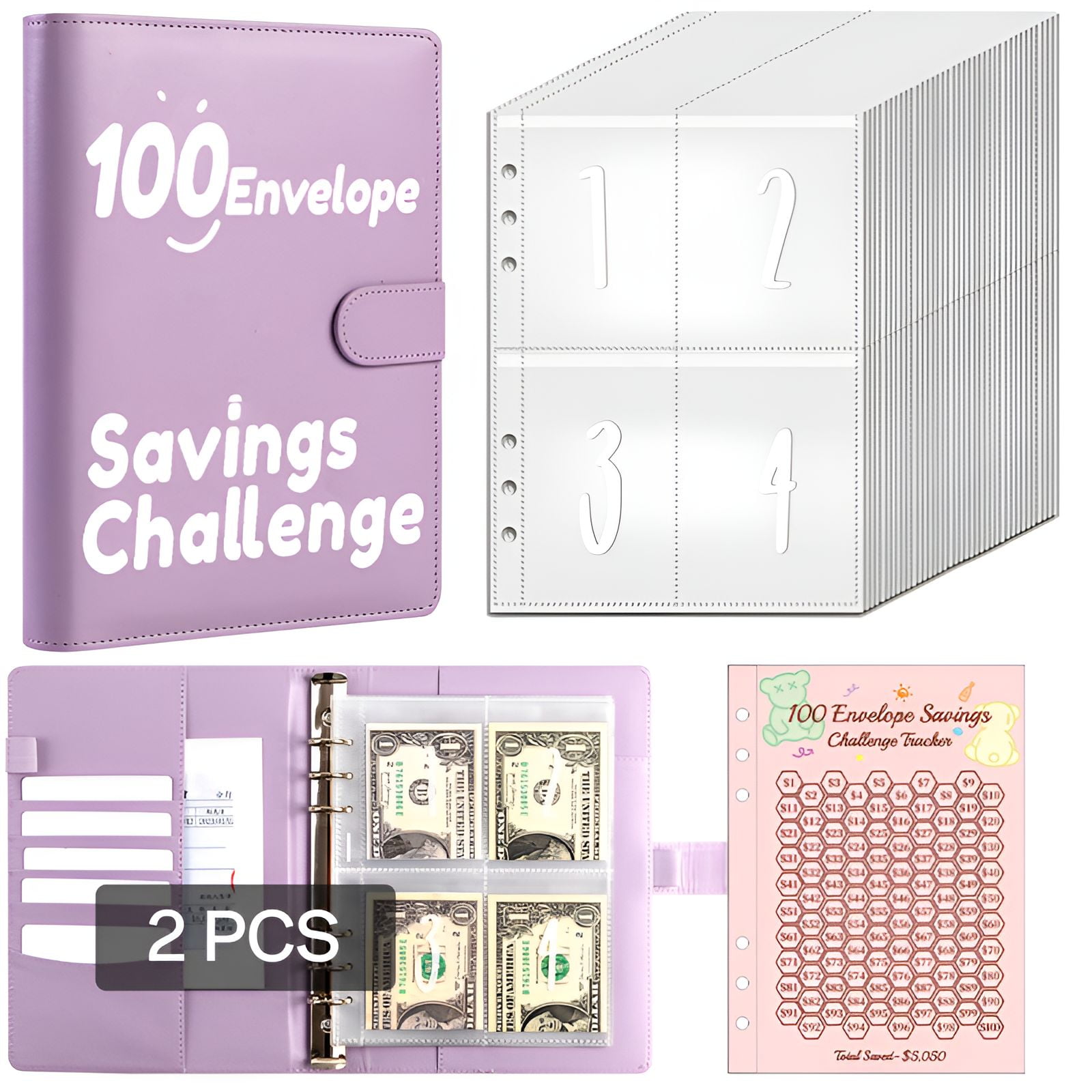 CCOCC 2Pcs 100 Day Savings Challenge Binder,See-Through Cash Holder ...