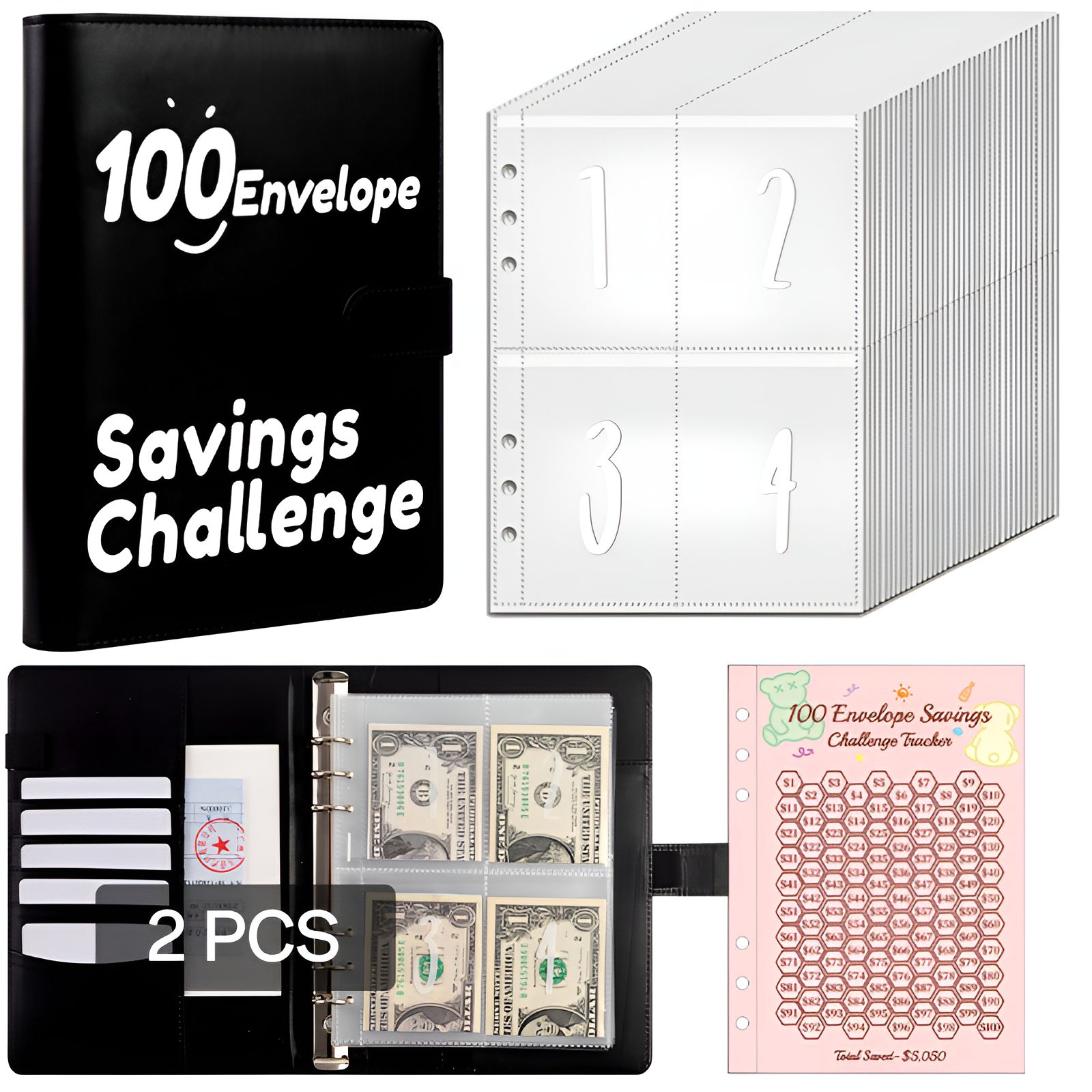 CCOCC 2Pcs 100 Day Savings Challenge Binder,See-Through Cash Holder ...