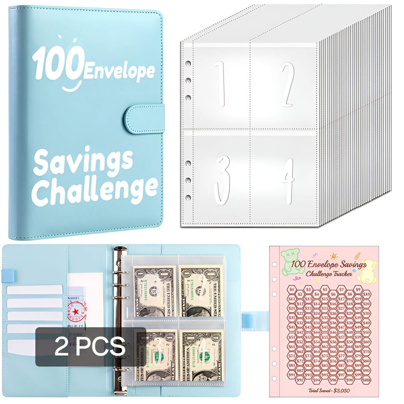 CCOCC 2Pcs 100 Day Savings Challenge Binder,See-Through Cash Holder ...