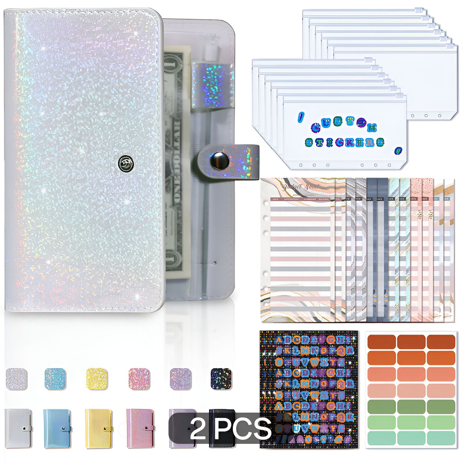 CCOCC 2Pcs Budget Binder,Candy-Color Iridescent Glitter Finish Money ...