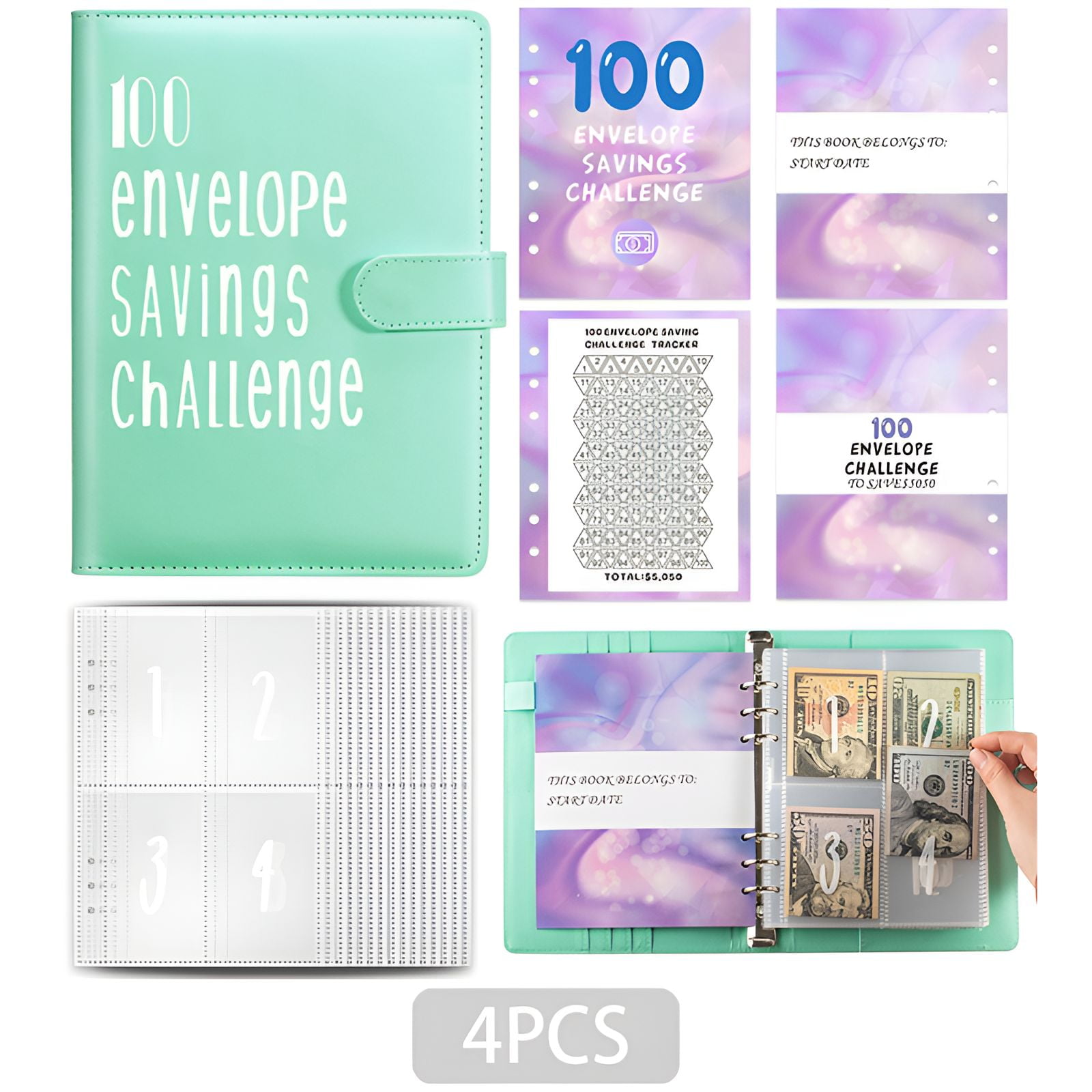 CCOCC 4Pcs 100 Day Savings Challenge Binder,Dusty Grey Pu Leather ...