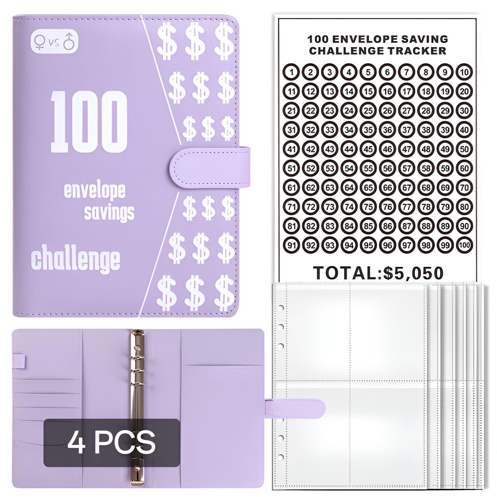 CCOCC 4Pcs 100 Day Savings Challenge Binder,Lovers-Only Design Money ...