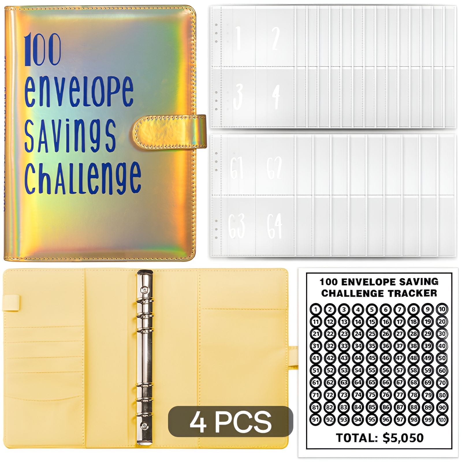 CCOCC 4Pcs 100 Day Savings Challenge Binder,Lustrous Laser-Effect Front ...