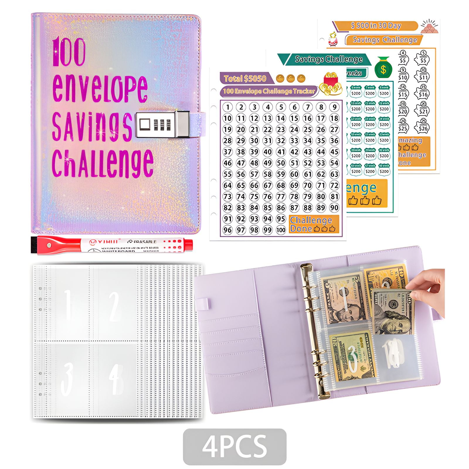 CCOCC 4Pcs Budget Binder,Creative Security Lock Layout 100 Envelopes ...