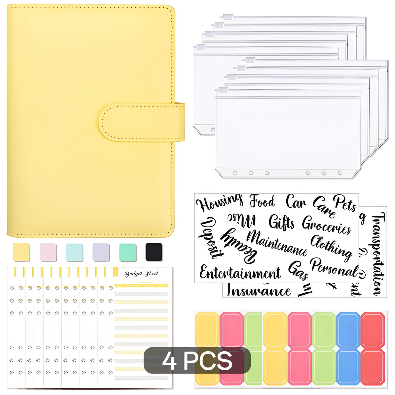 CCOCC 4Pcs Budget Binder,Minimalist Black Pu Wrap Budget Binder with Cash Envelopes,Ring-Bound ...