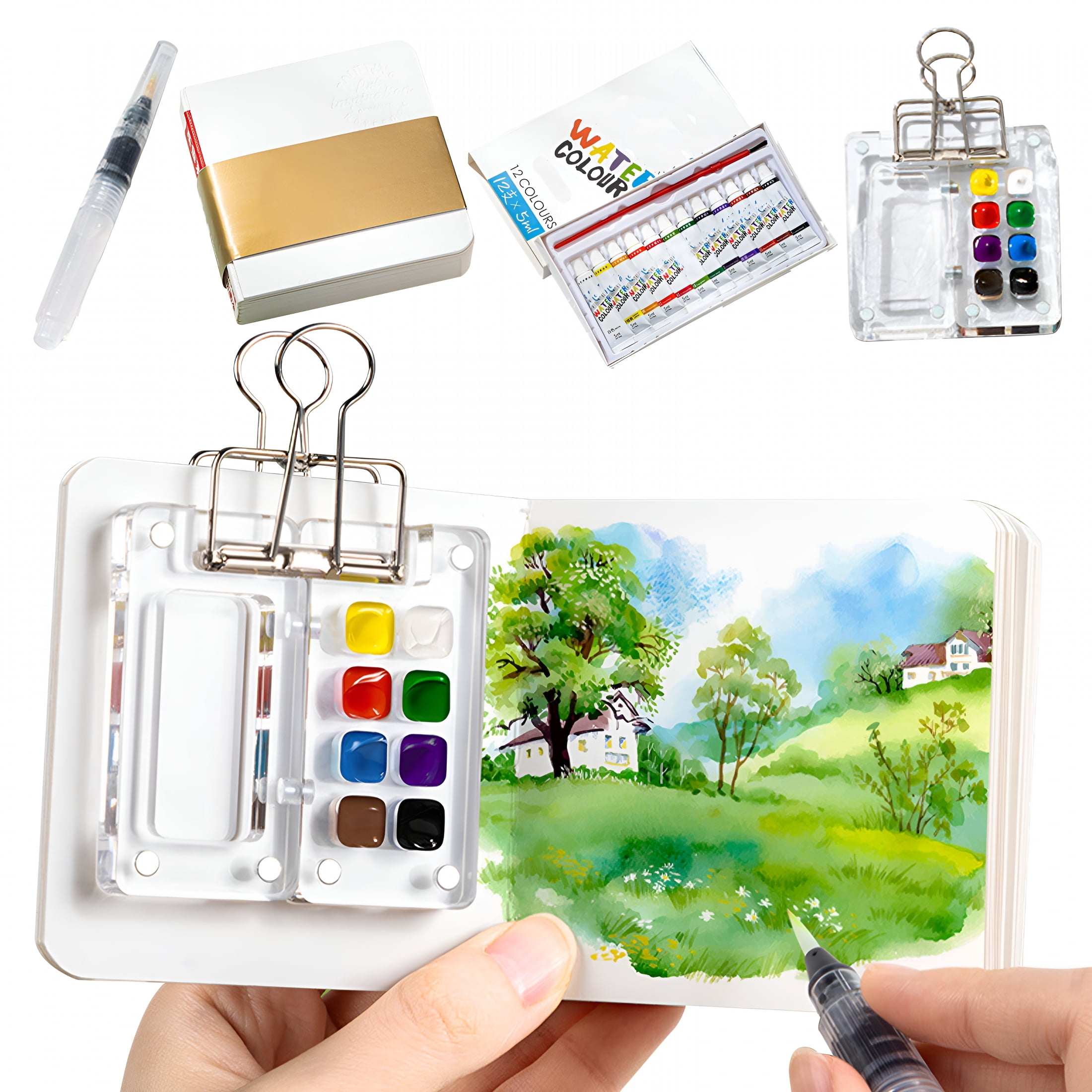 CCOCC Mini Watercolor Paint Box,Acrylic Travel Sketchbook,Portable ...