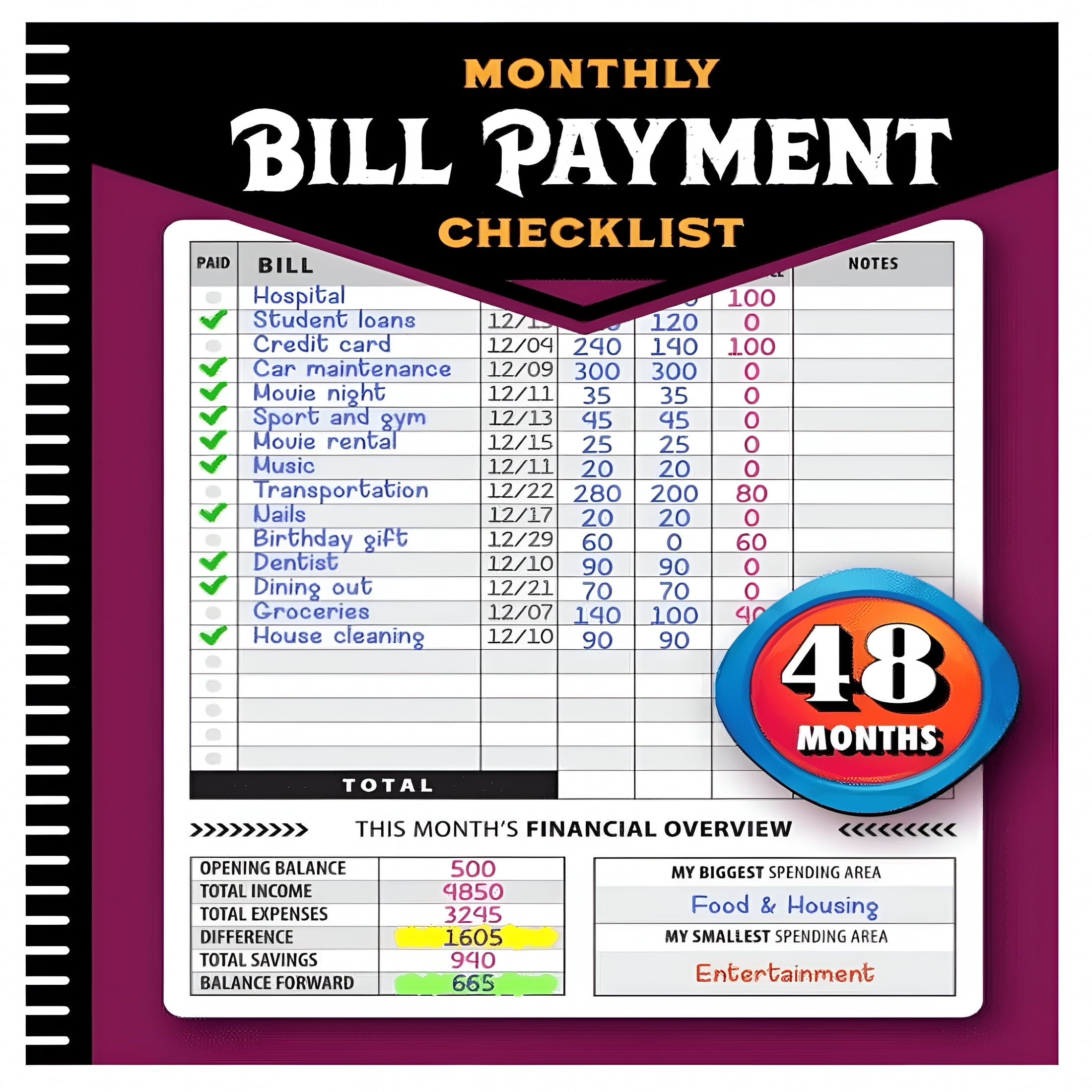 CCOCC Monthly Bill Payment Checklist: Bill Notebook The 4 Year for ...