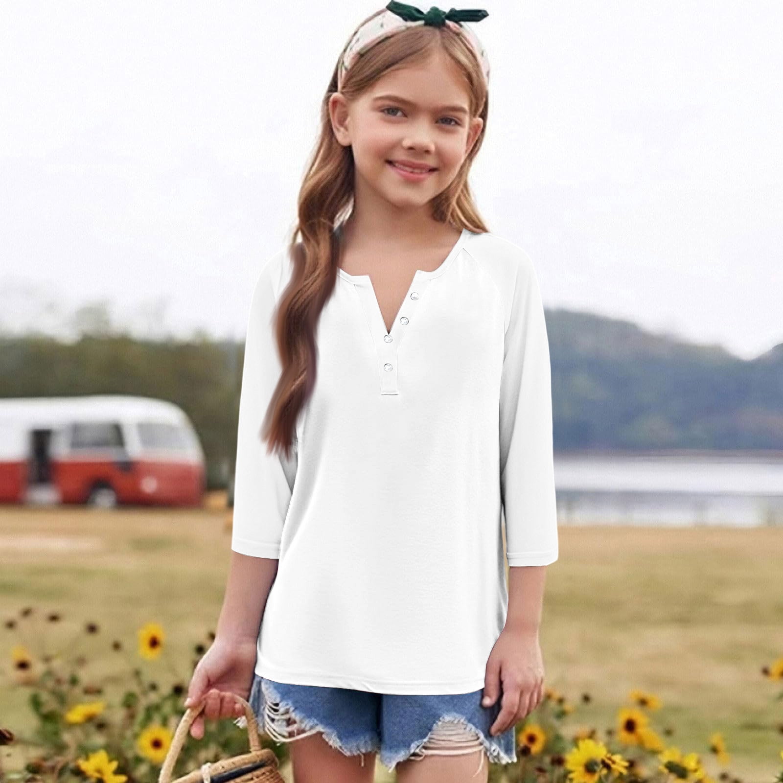 CCRFTGI 3/4 Length Sleeve Shirts for Child Girls Size 13-14 Cute Solid ...