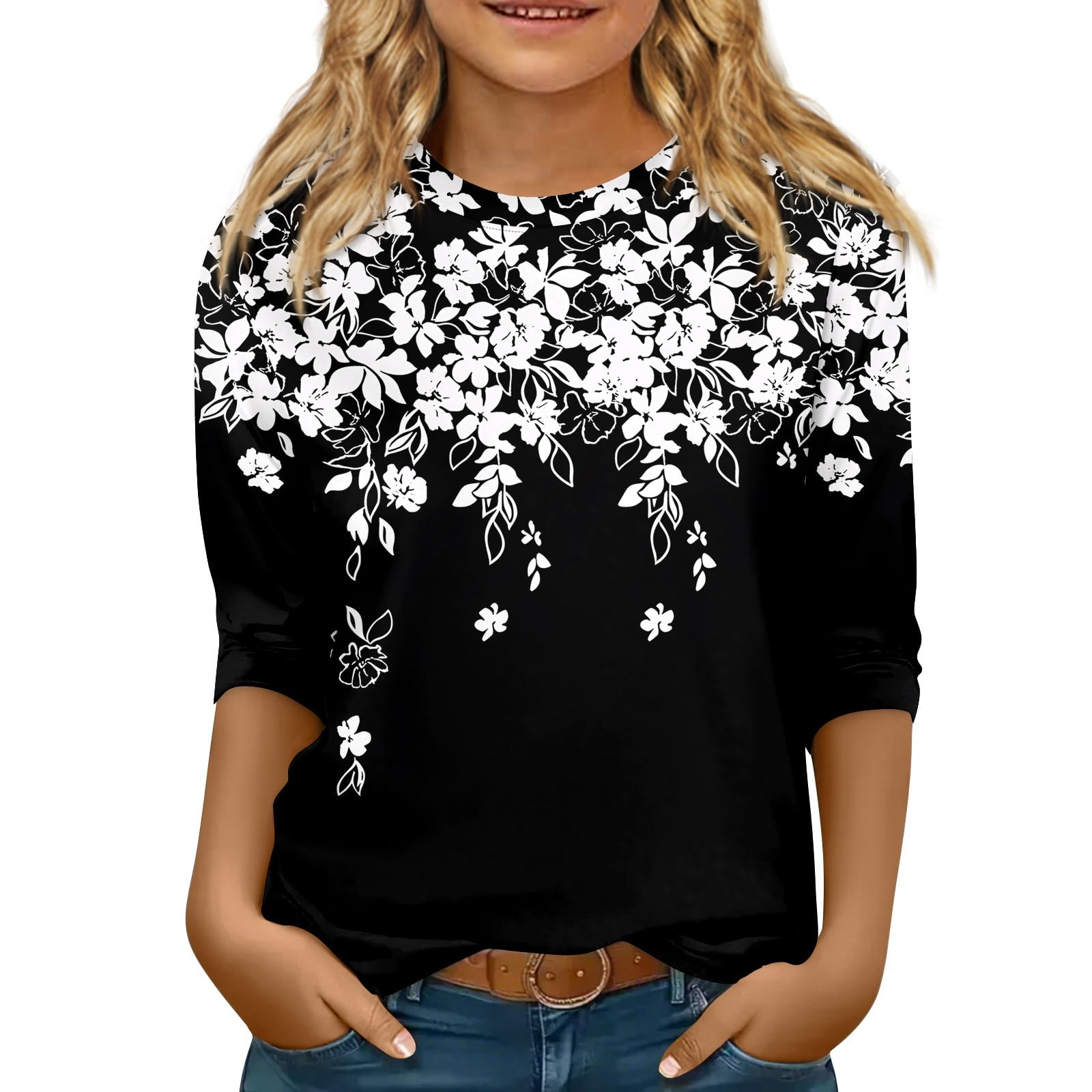 CCRFTGI 3/4 Length Sleeve Shirts for Girls Spring Cute Floral Print ...