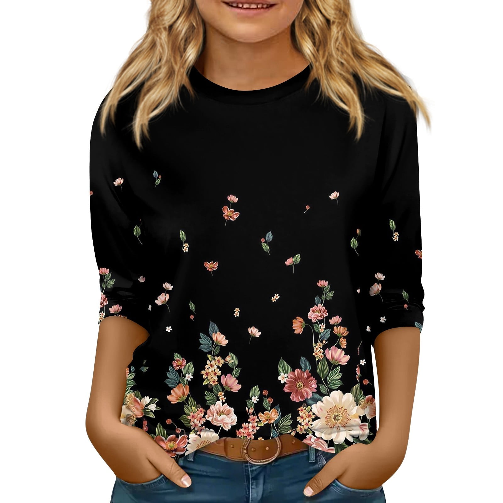 CCRFTGI 3/4 Sleeve Shirts for Girls Fall Cute Floral Printed Girls Tops ...