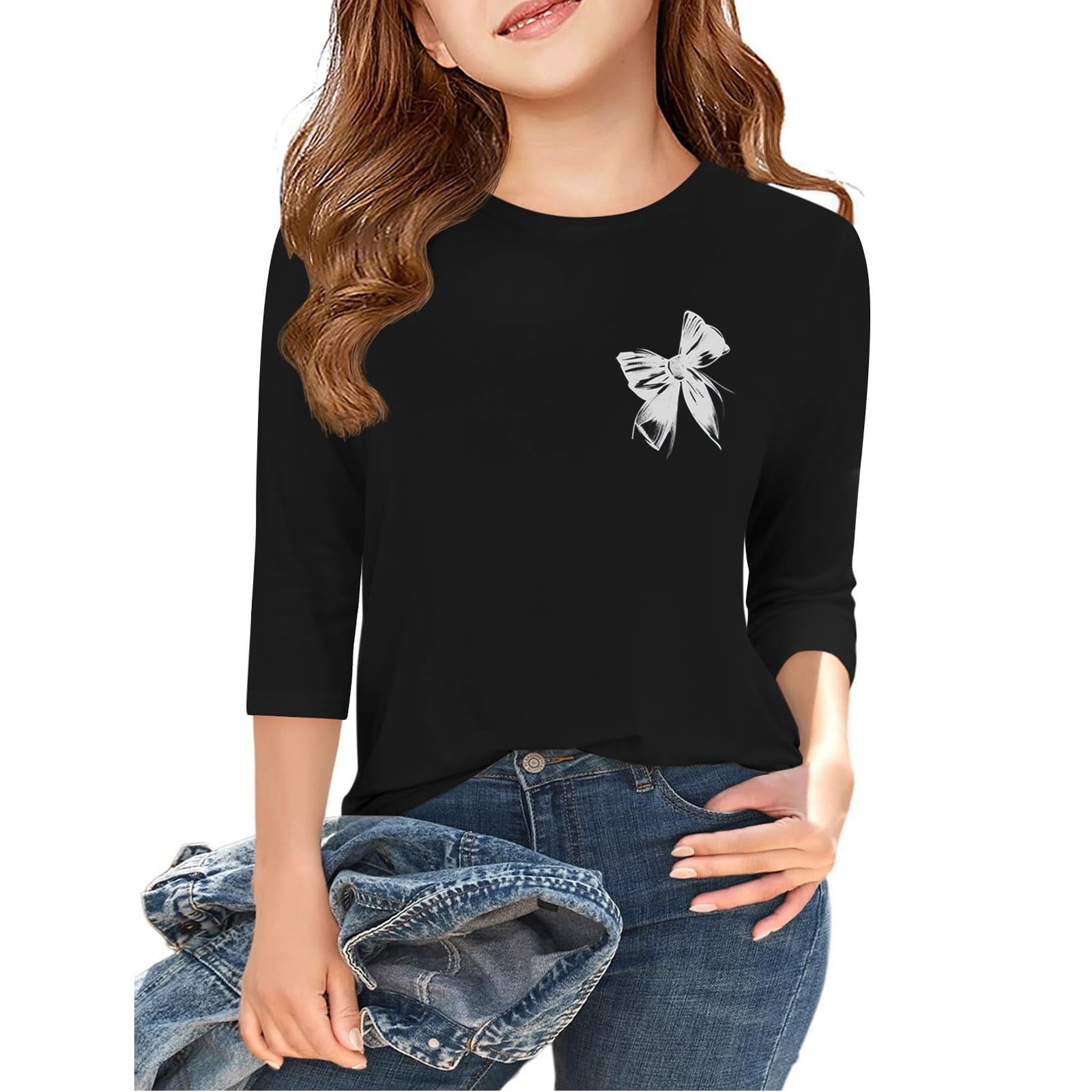 CCRFTGI 3/4 Sleeve Shirts for Girls Kids Tween Girls Trendy Bowknot ...