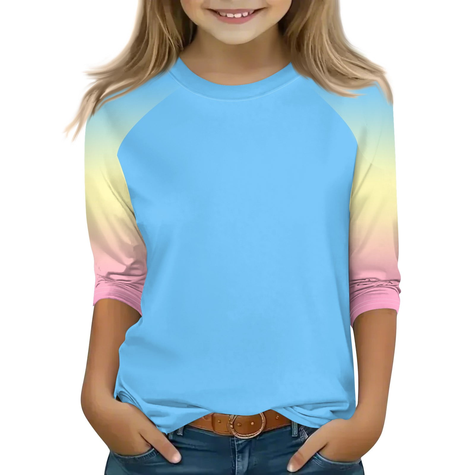 CCRFTGI Beige Top for Girls 2025 Summer Raglan 3/4 Length Sleeve Crew ...