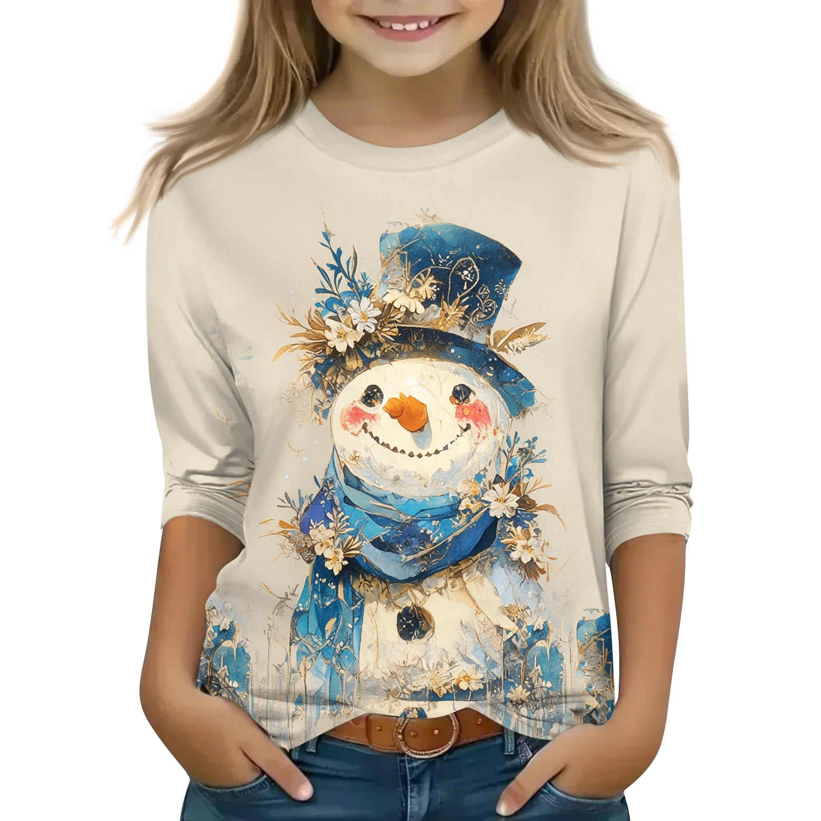 CCRFTGI Christmas 3/4 Sleeve Tops for Girls Trendy Crewneck Tees Basics ...