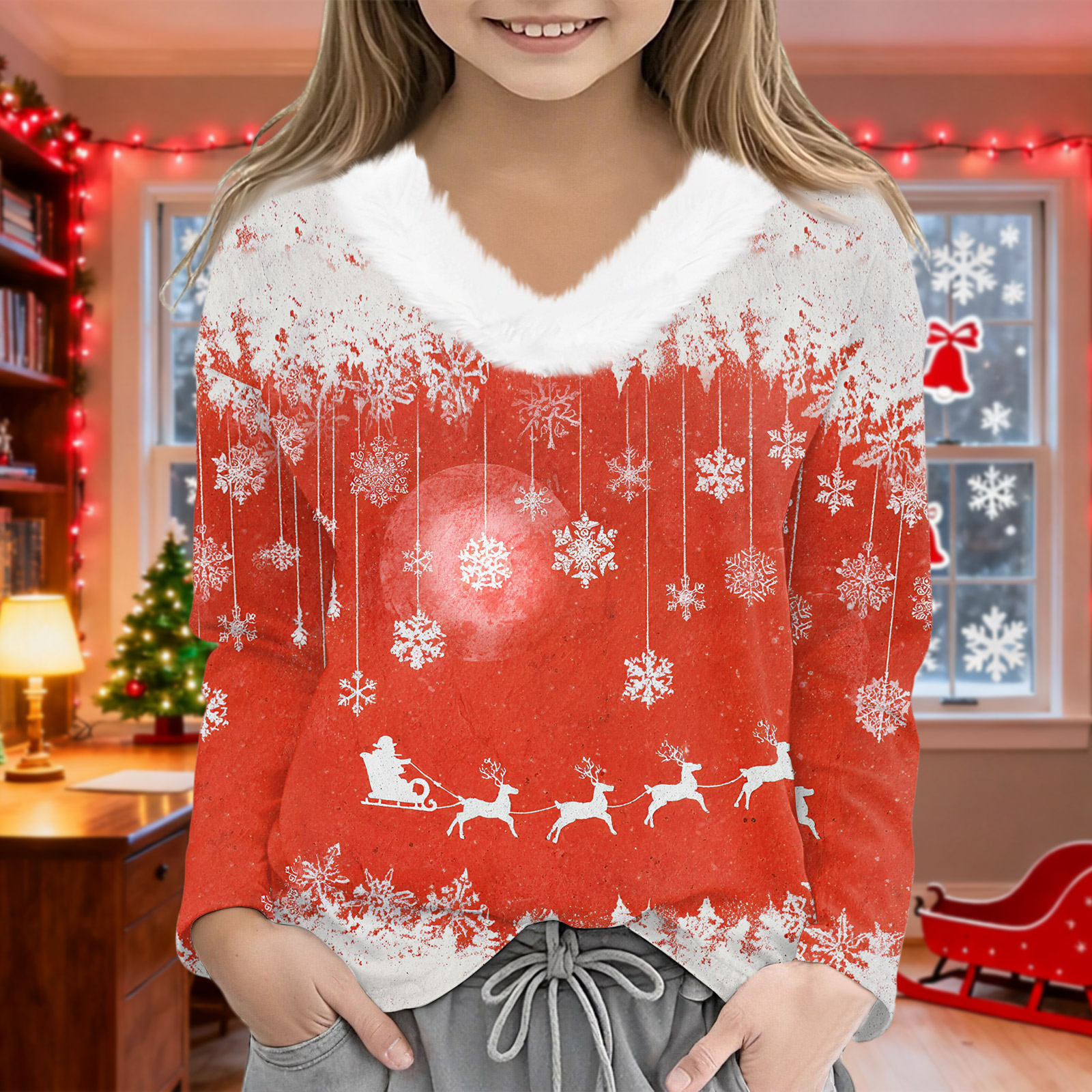 CCRFTGI Christmas Girls Long Sleeve Shirts Casual Plush V Neck Shirts ...