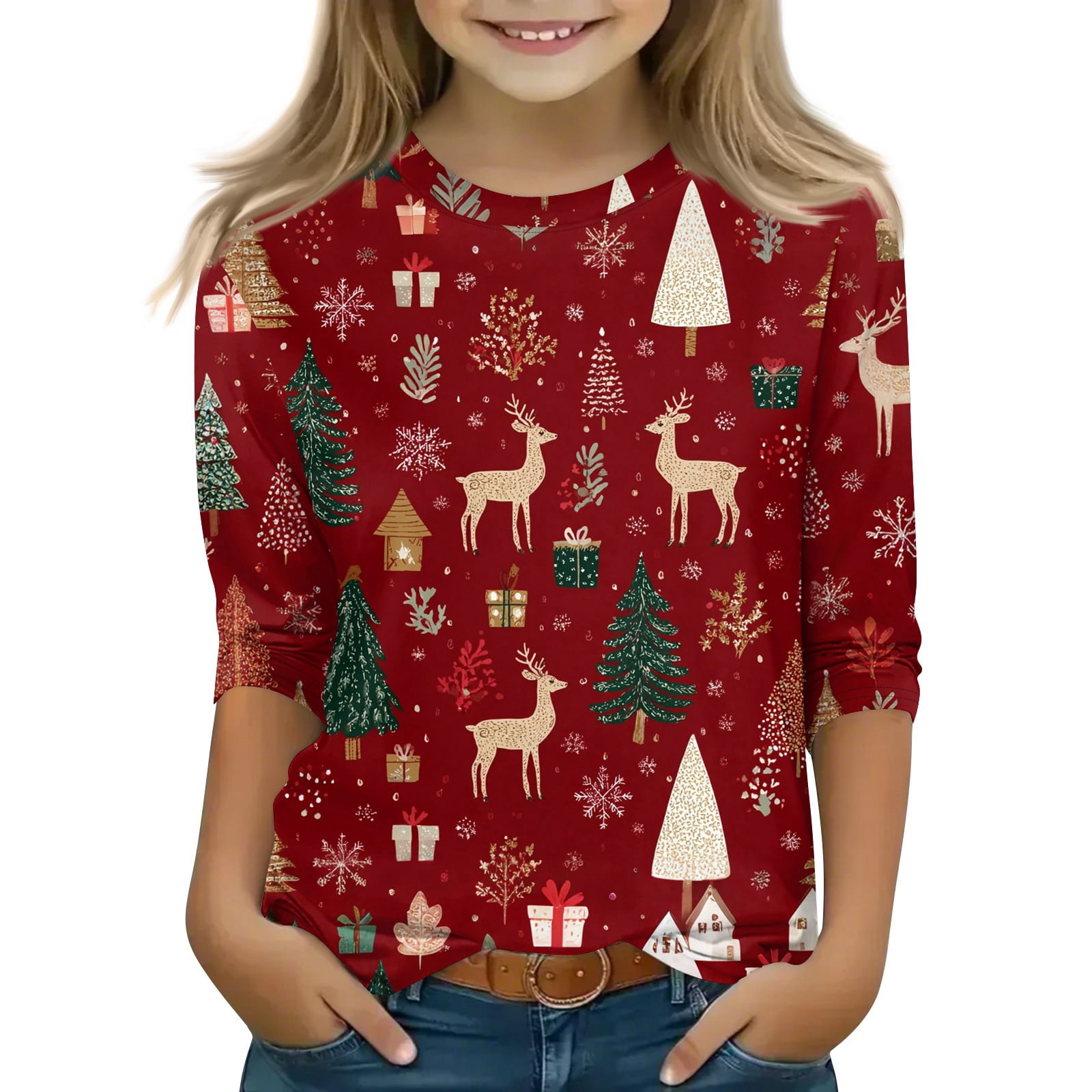 CCRFTGI Christmas Shirts for Girls 3/4 Length Sleeve Cute Fashion Xmas ...