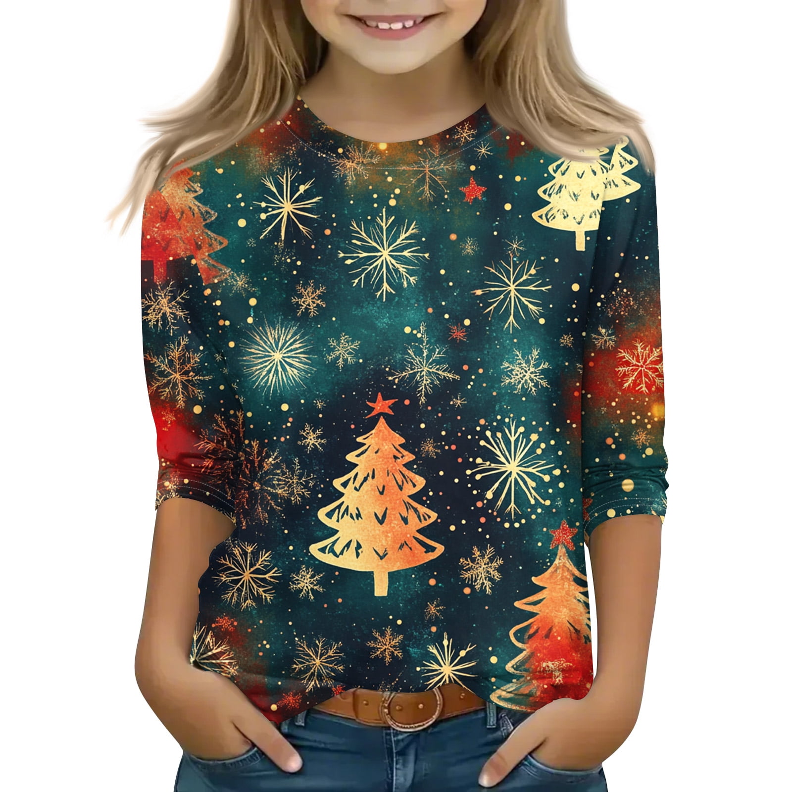 CCRFTGI Christmas Shirts for Girls 3/4 Sleeve Novelty Fashion Xmas Tree ...
