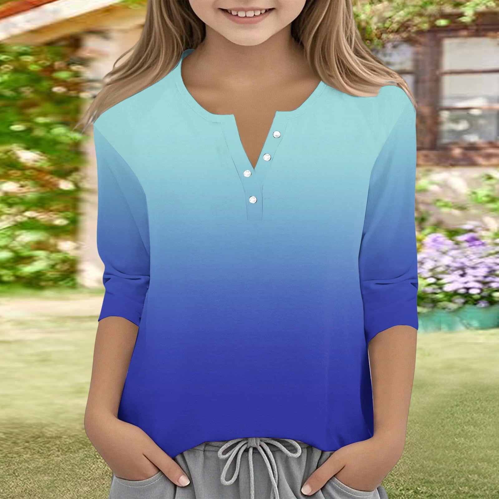 CCRFTGI Cute Shirts for Girls Size 10-12 3/4 Sleeve Button V Neck ...