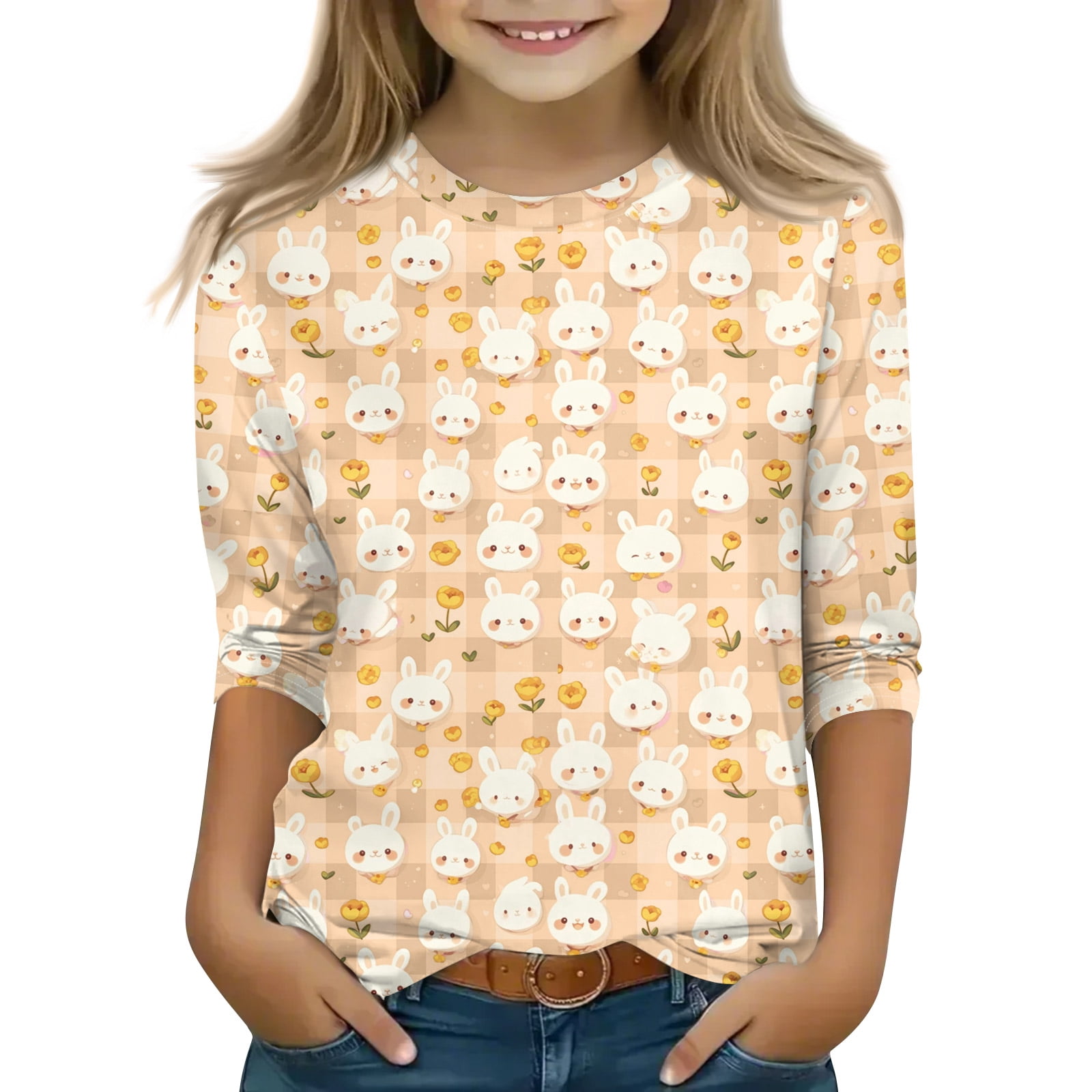 CCRFTGI Easter 3/4 Length Sleeve Girls Tops 10-12 Cute Bunny Rabbit ...
