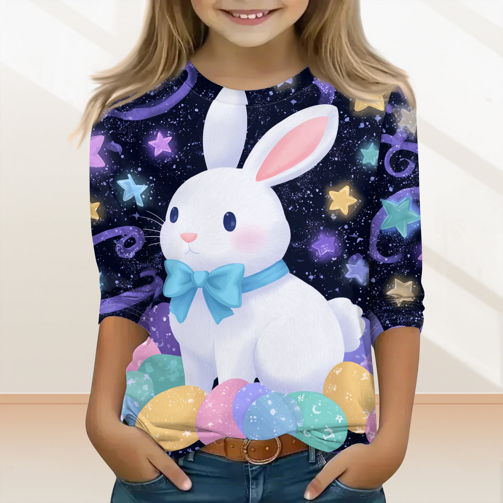 CCRFTGI Easter 3/4 Length Sleeve Girls Tops Size 7 Cute Bunny Rabbit ...