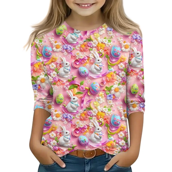 CCRFTGI Easter 3/4 Sleeve Girls Tops Size 7 Cute Bunny Rabbit Easter ...