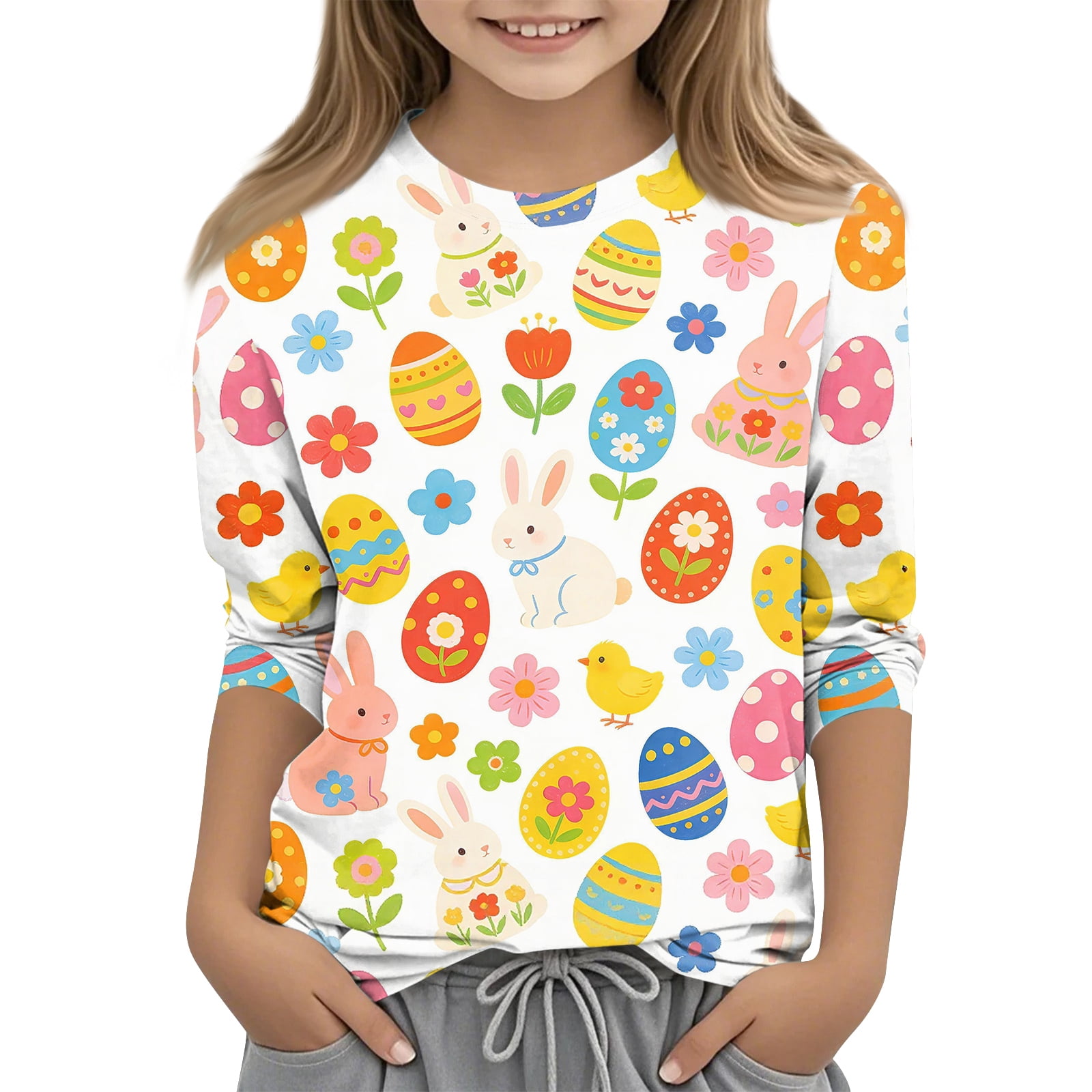 CCRFTGI Easter 3/4 Sleeve Shirts for Girls 10-12 Funny Bunny Egg Print ...