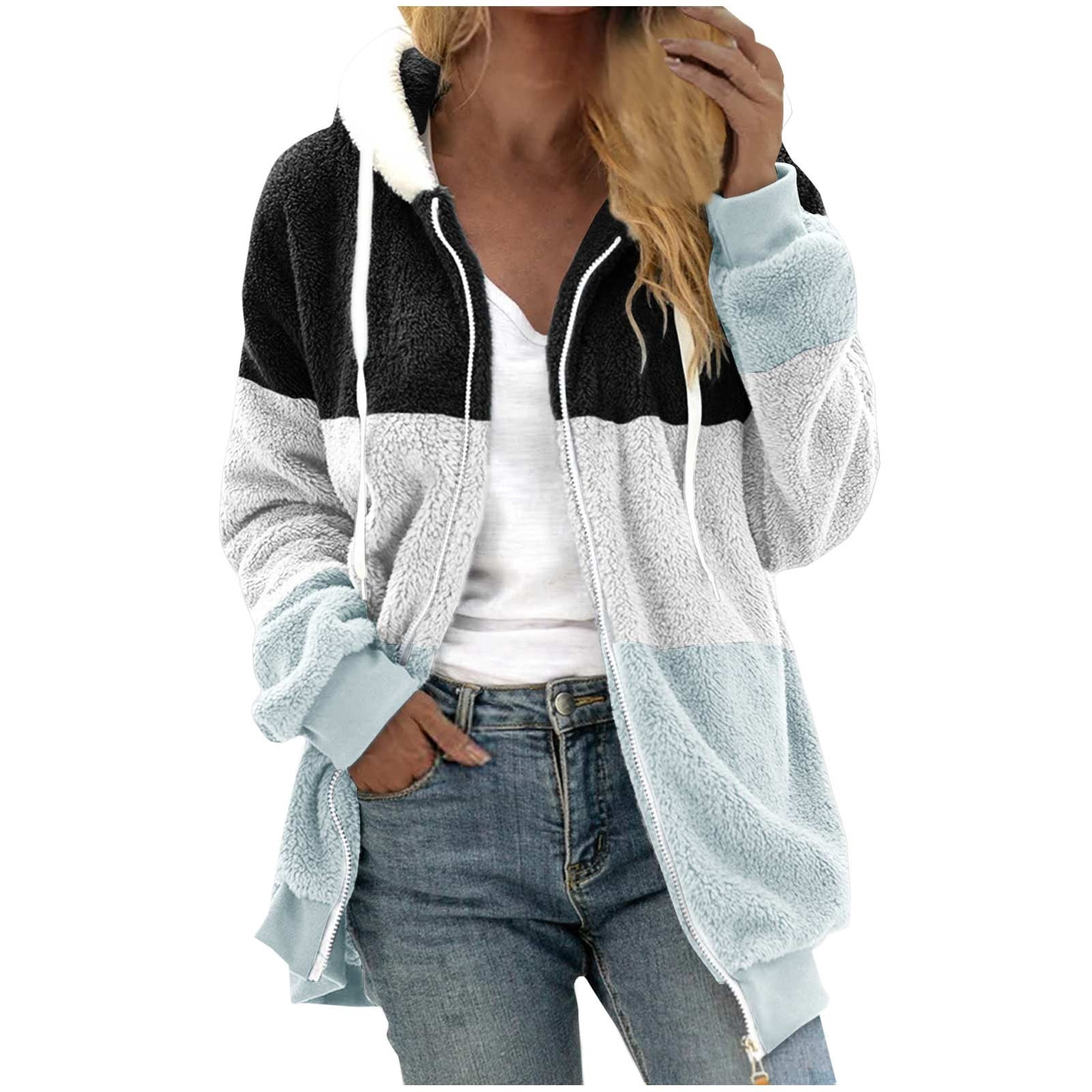 CCRFTGI Fluffy Sherpa Jacket Women Plus Size Color Block Full Zip ...