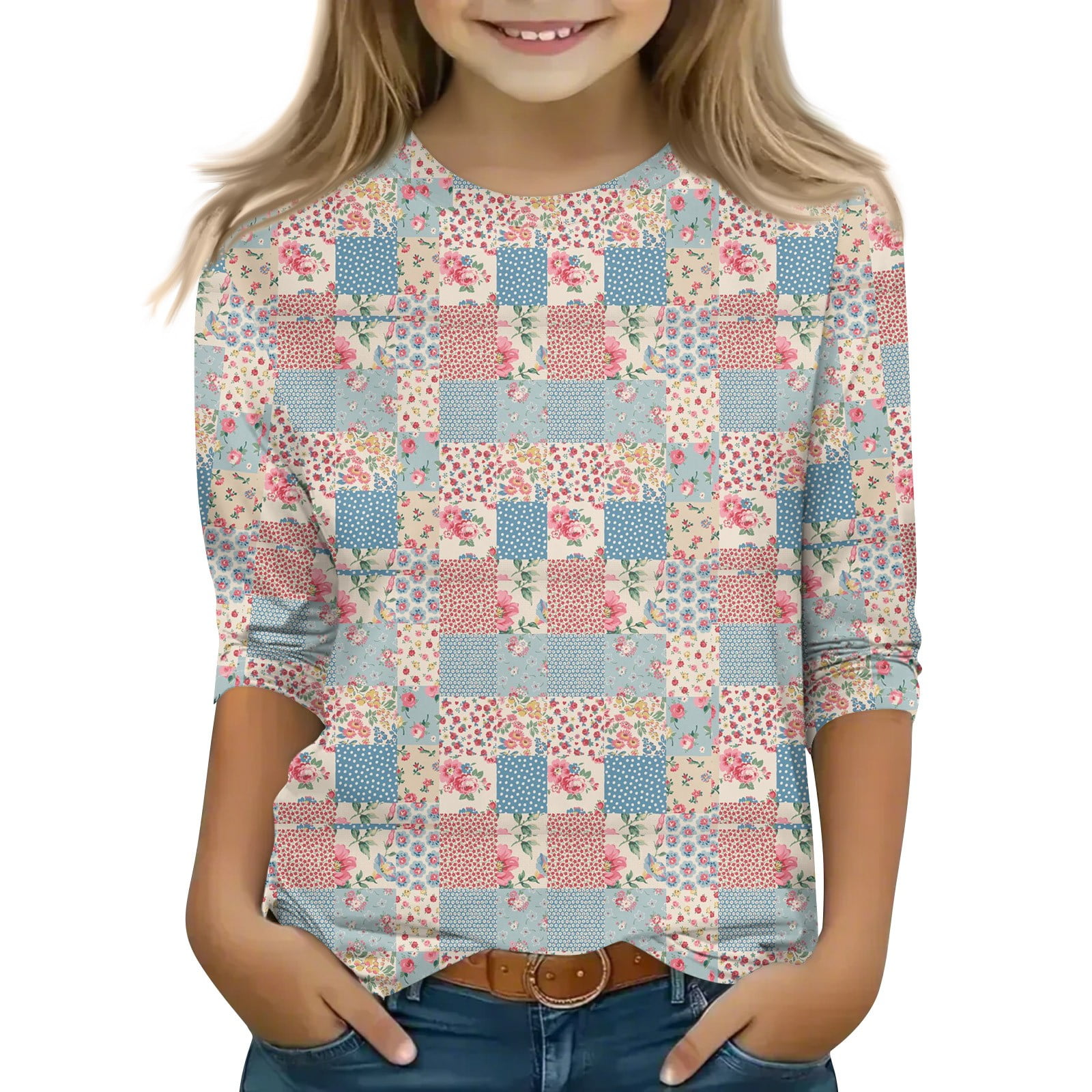 CCRFTGI Girl Shirts Tween Size 8-9 Plaid Floral Printed 3/4 Length ...
