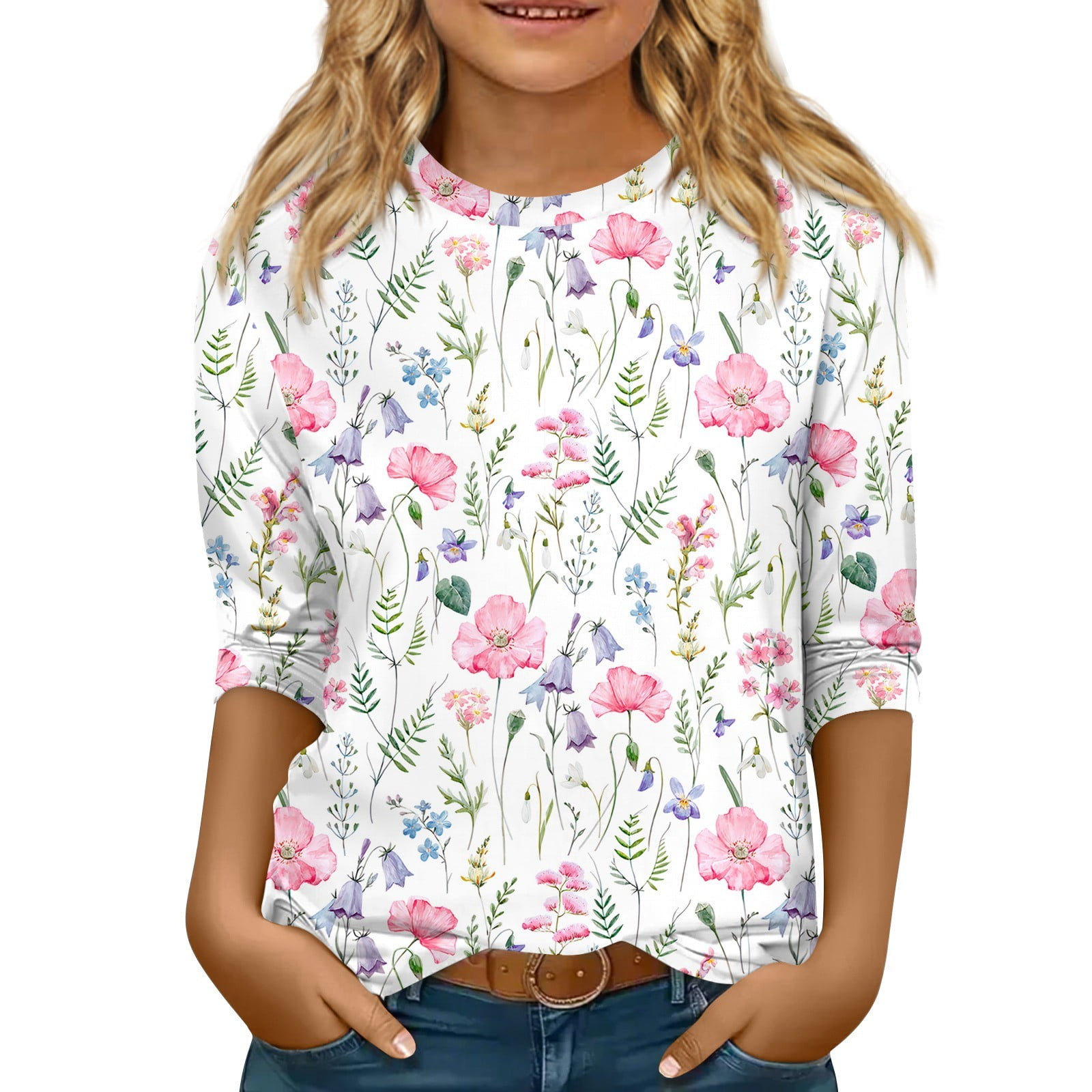 CCRFTGI Girls 3/4 Length Sleeve Shirts Spring Trendy Plain Shirts Size ...