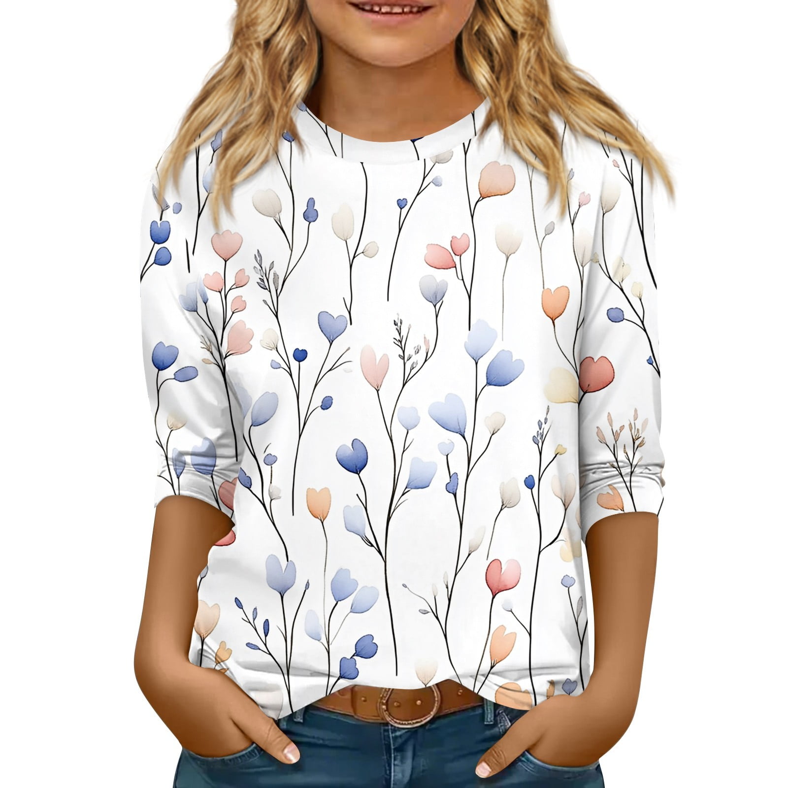 CCRFTGI Girls 3/4 Sleeve Shirts Kids Tween Girls Cute Floral Graphics ...