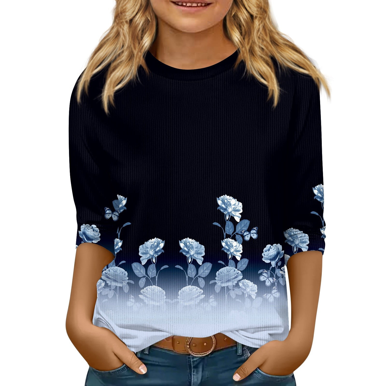 CCRFTGI Girls 3/4 Sleeve Shirts Trendy Blue Shirts Size 10-12 Cute Basic Shirt Kids Crew Neck ...