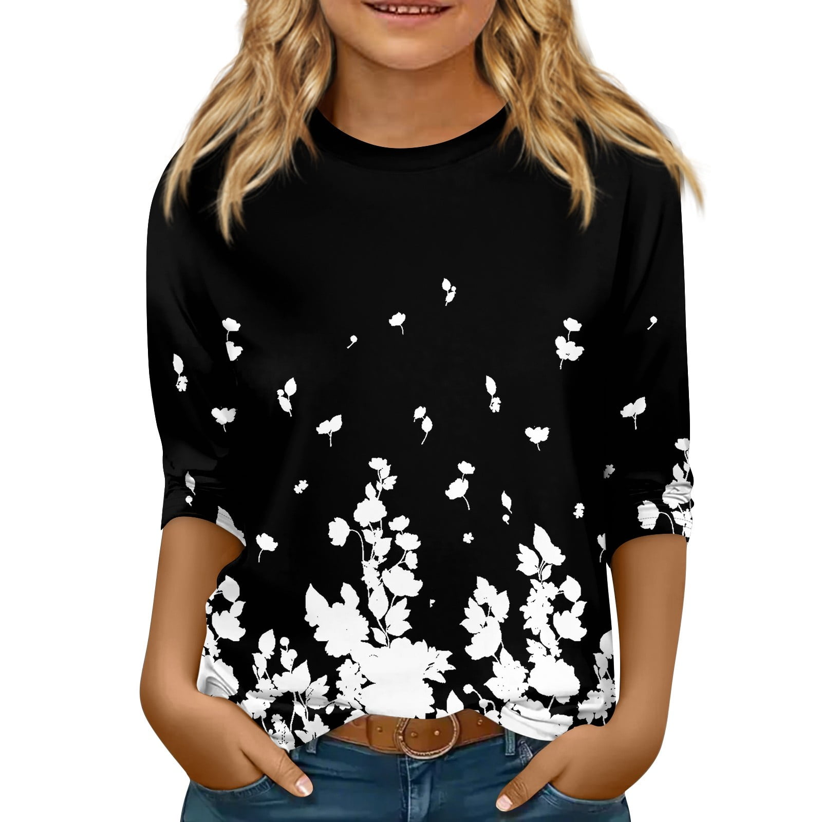 CCRFTGI Girls Black 3/4 Length Sleeve Shirt Spring Trendy Basic Shirts ...